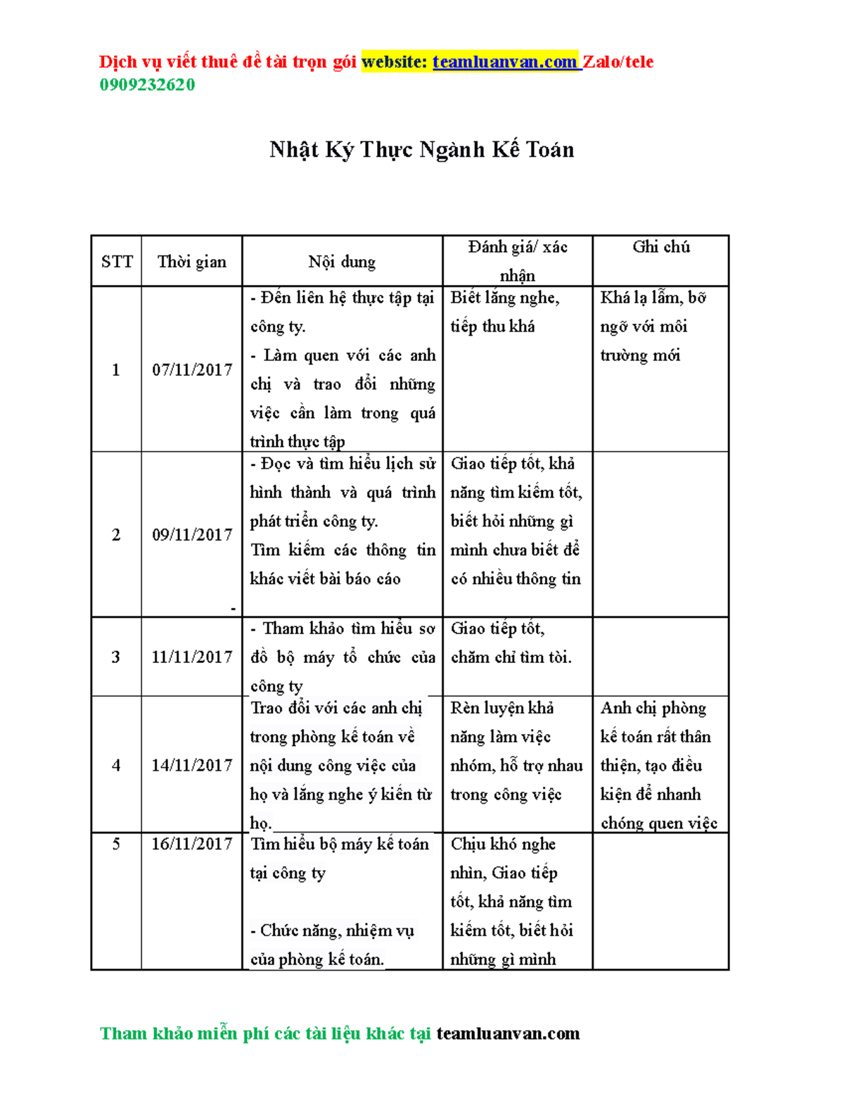 Nhật Ký Thực Ngành Kế Toán Tại Công Ty 0909232620 Nhật Ký Thực Ngành