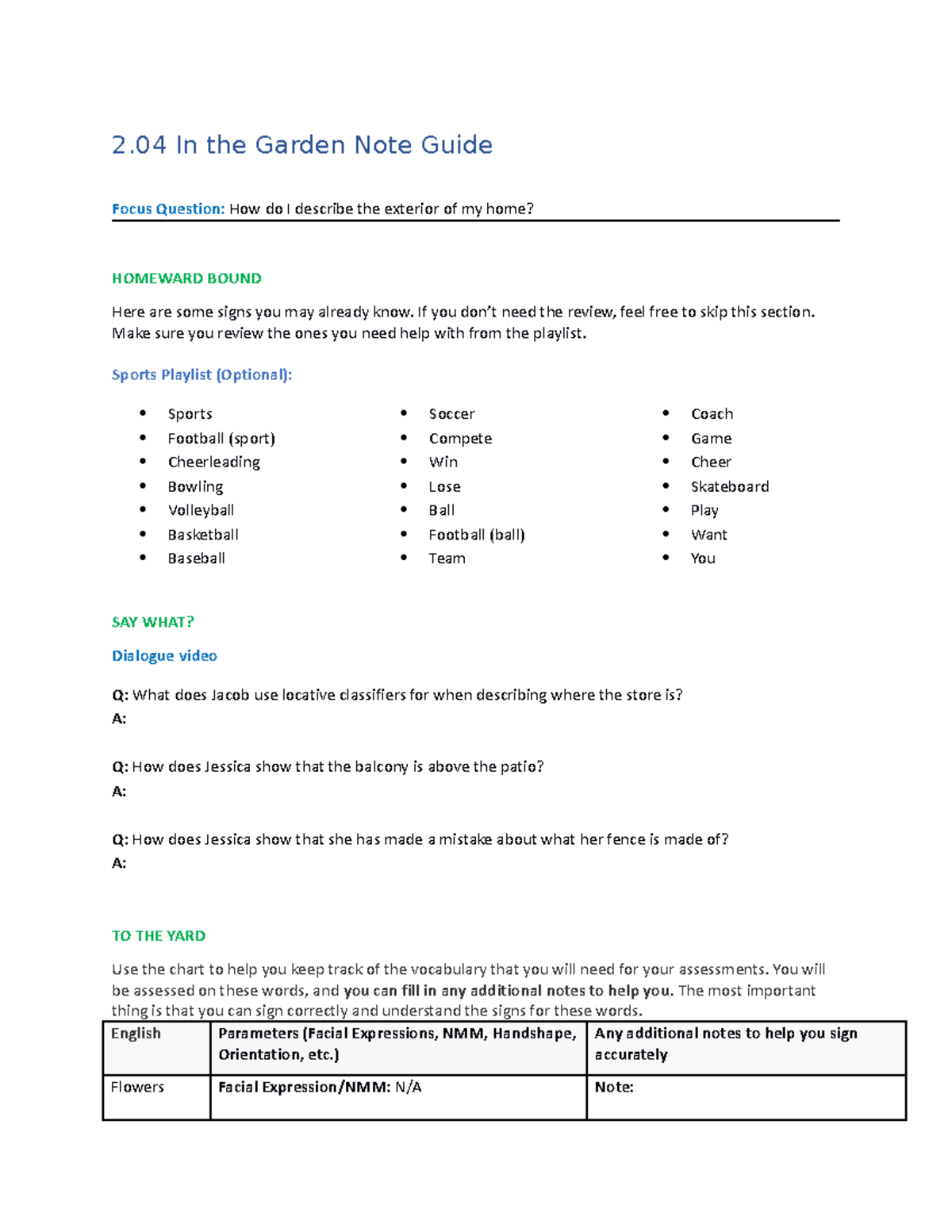 02 04 notes - note for lesson 2.4 - 2 In the Garden Note Guide Focus ...
