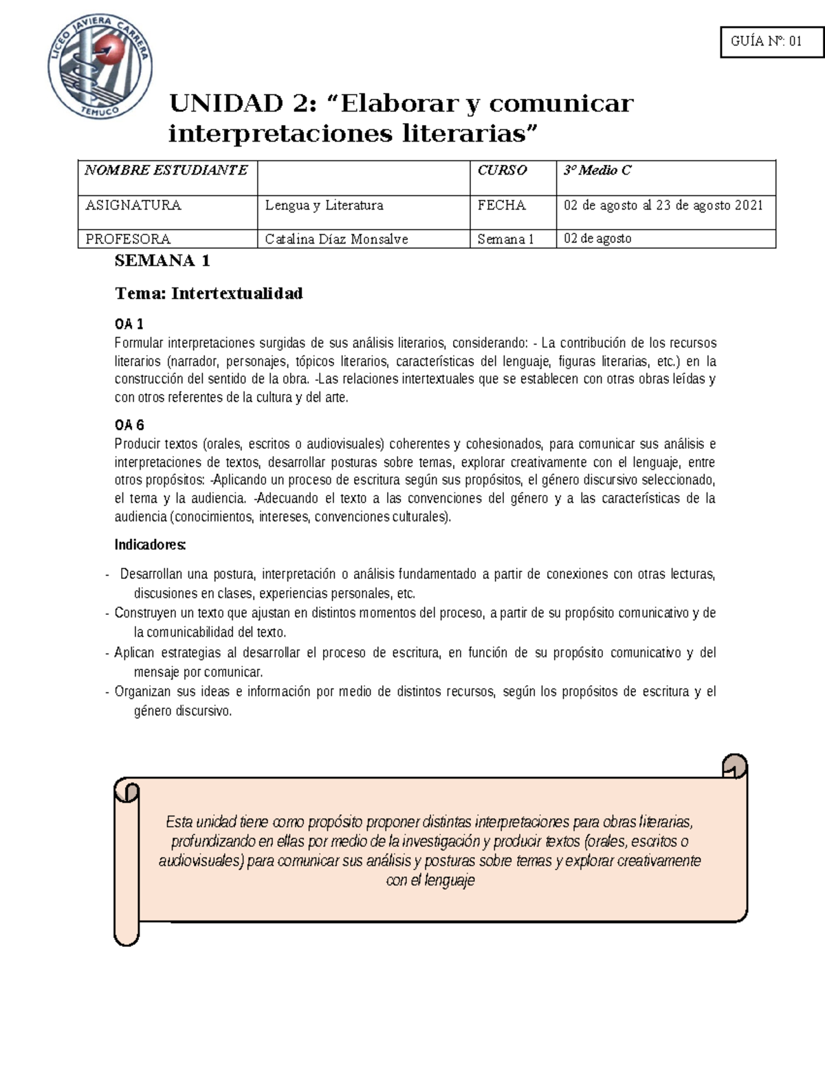 Guia de aprendizaje Agosto Lenguaje III C - UNIDAD 2: “Elaborar y ...