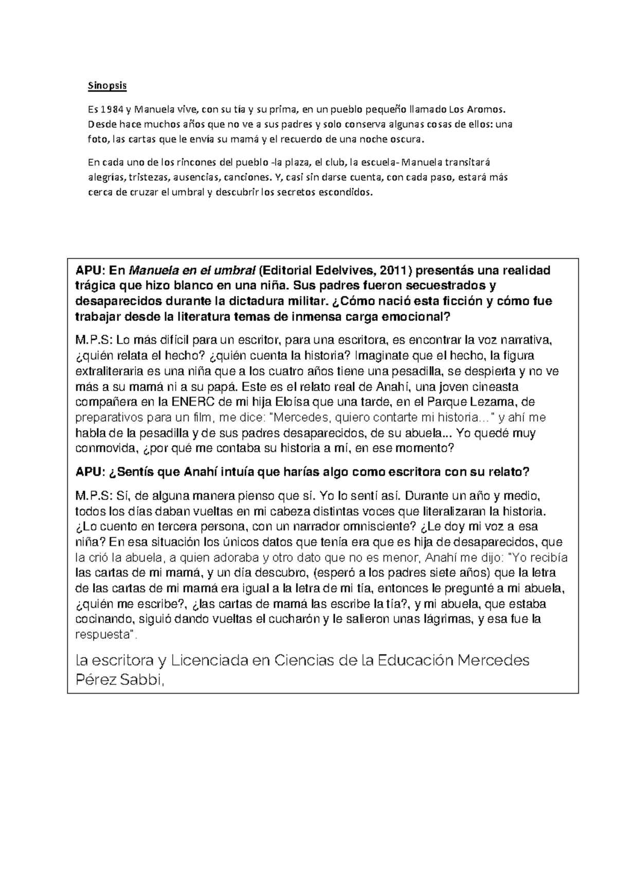 PARA EL Analisis DE Manuela EN EL Umbral Primero LEER LA Sinopsis ...