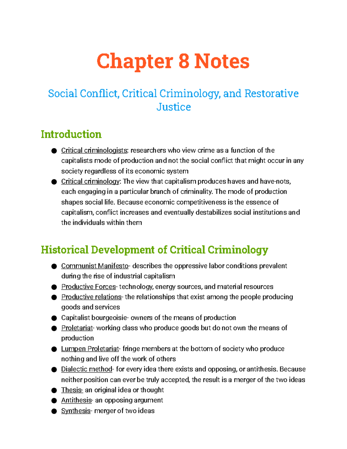 Chapter 8 Notes - Chapter 8 Notes Social Conlict, Critical Criminology ...