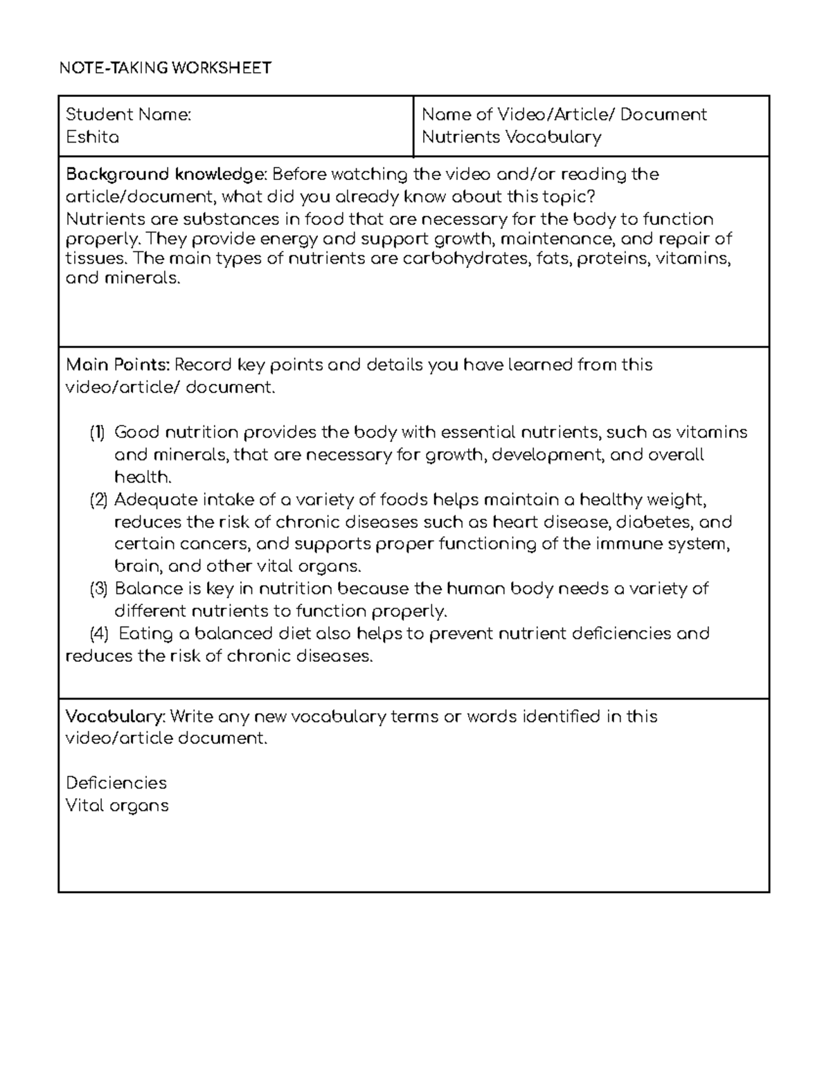 Types of Nutrients Notes - NOTE‐TAKING WORKSHEET Student Name: Eshita ...