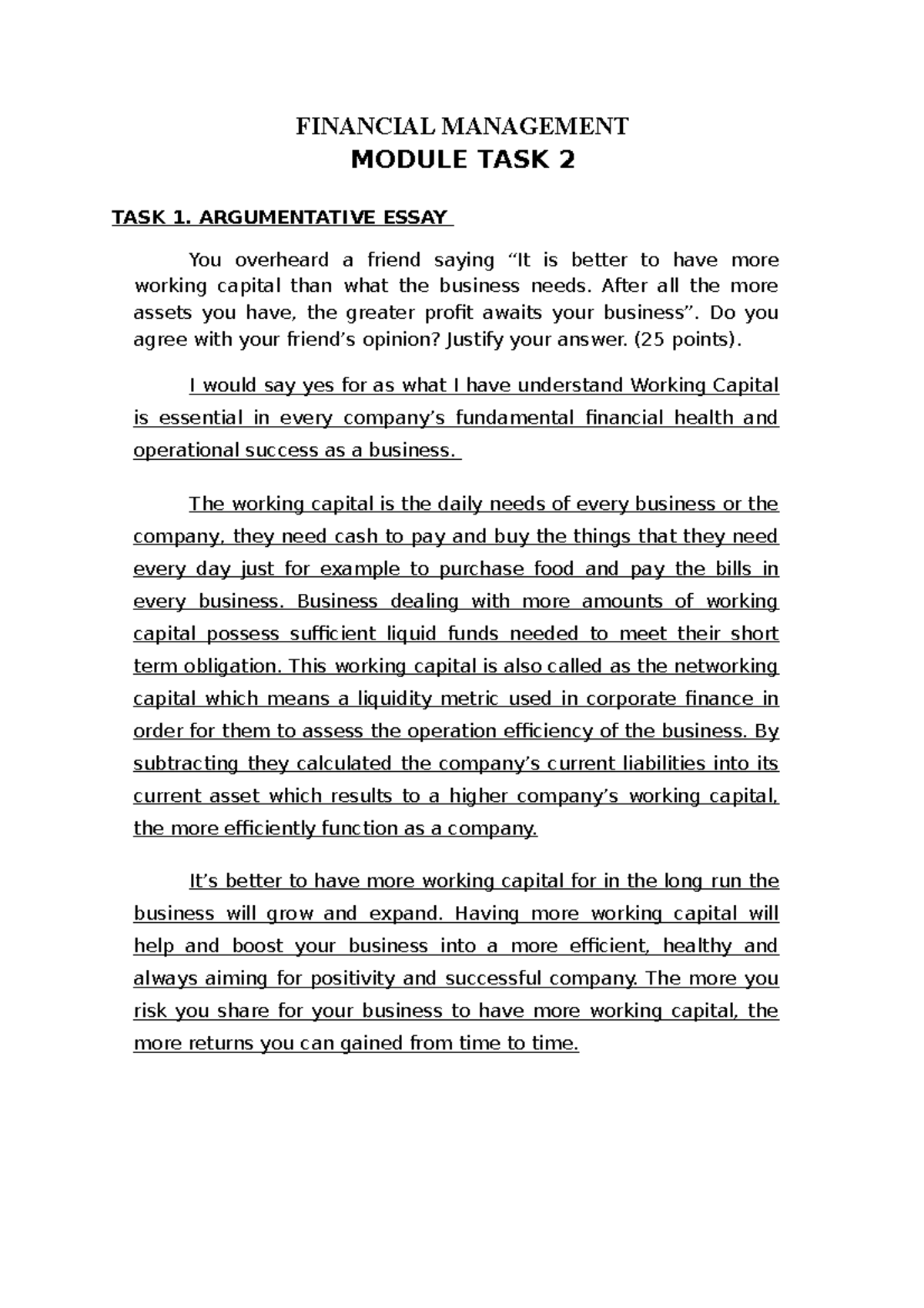 Financial Management Module TASK 2 3 4 5 - MODULE TASK 2 TASK 1. ARGUMENTATIVE ESSAY You ...