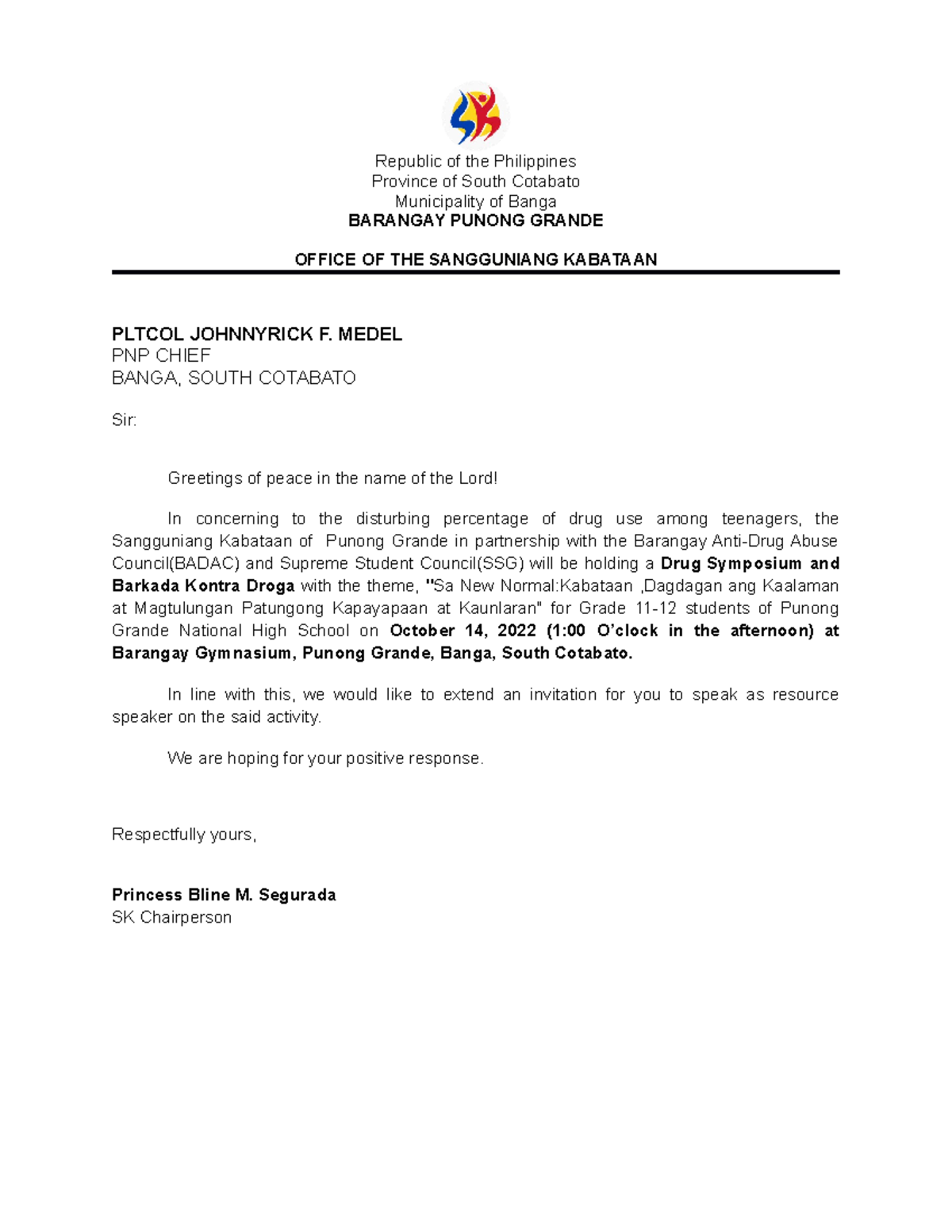 Letter to pnp no notation - Republic of the Philippines Province of ...