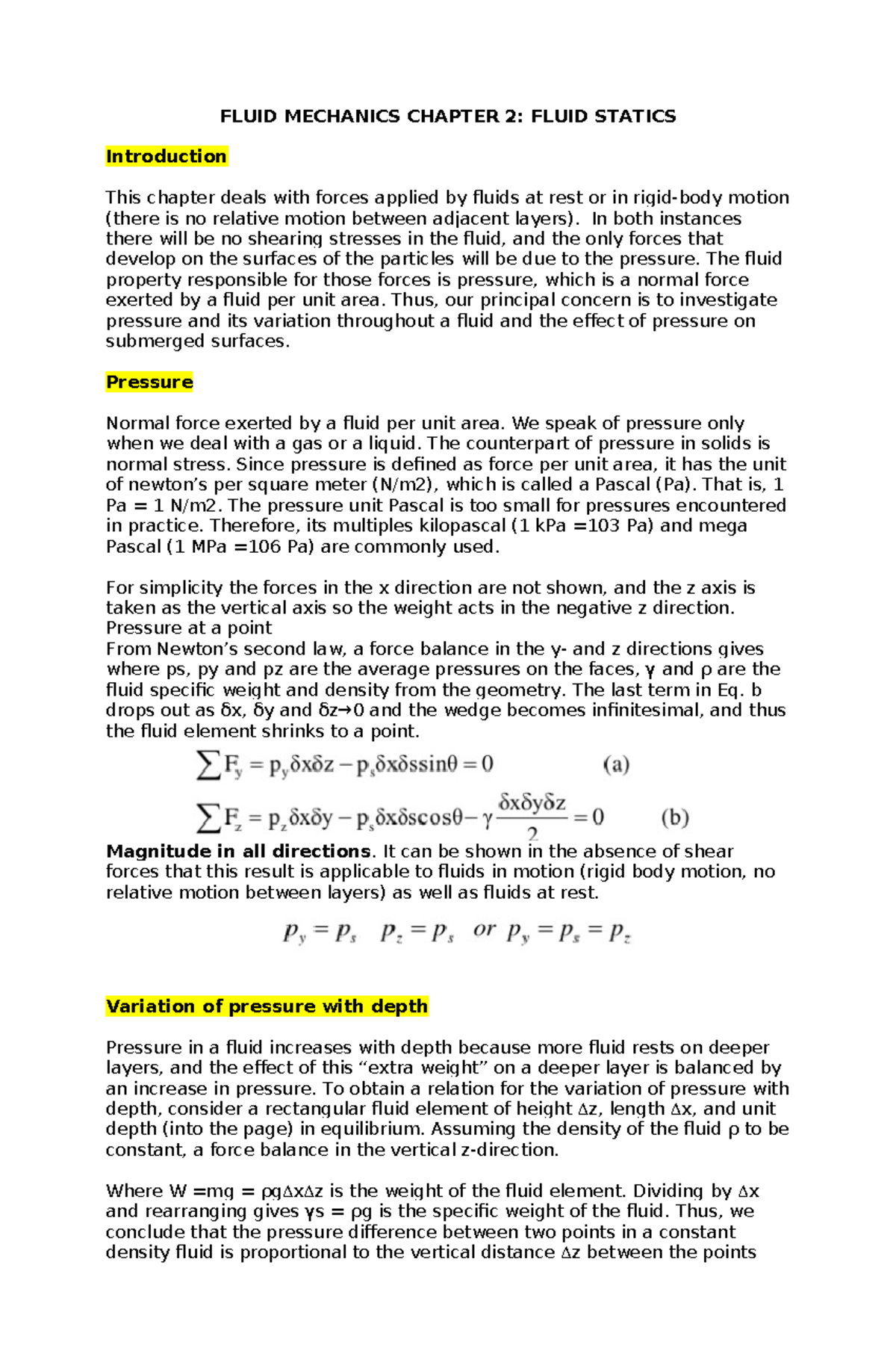 Fluid Mechanics Chapter 2 - FLUID MECHANICS CHAPTER 2: FLUID STATICS ...