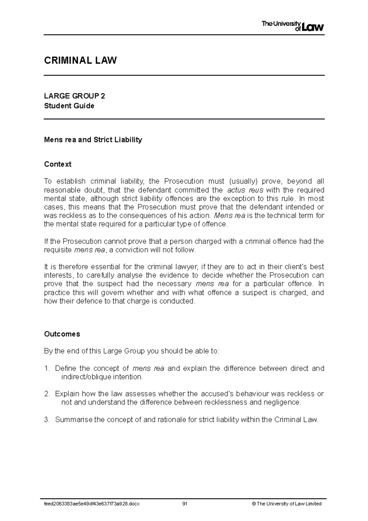 LARGE GROUP 2 NOTES - CRIMINAL LAW LARGE GROUP 2 Student Guide Mens rea ...