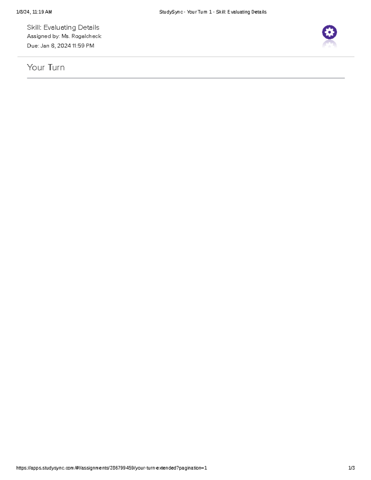 Study Sync - Your Turn 1 - Skill Evaluating Details - - Studocu