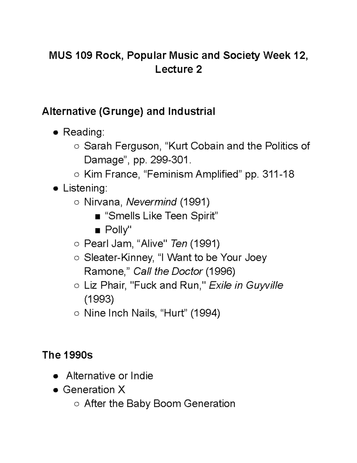 MUS 109 Week 12 Lecture Notes - MUS 109 Rock, Popular Music and Society ...