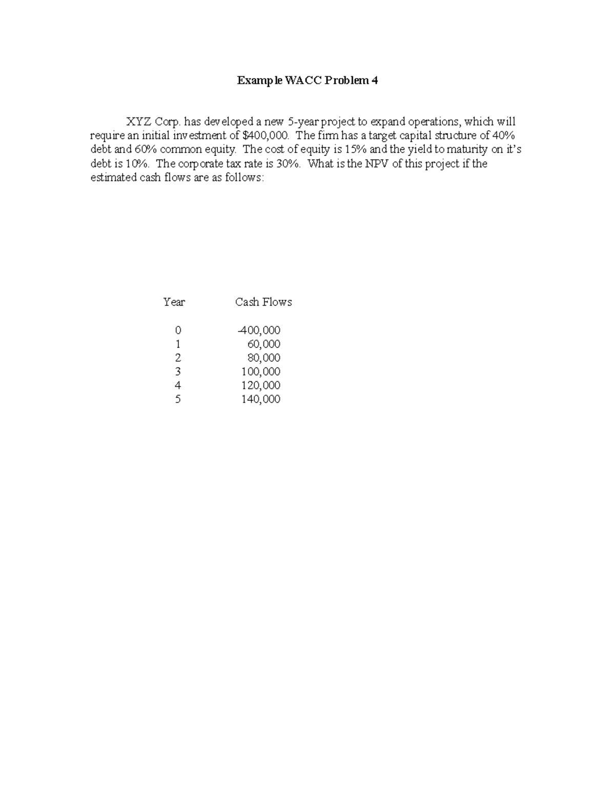Capital Budgeting Assignment 4 solutions - Example WACC Problem 4 XYZ ...