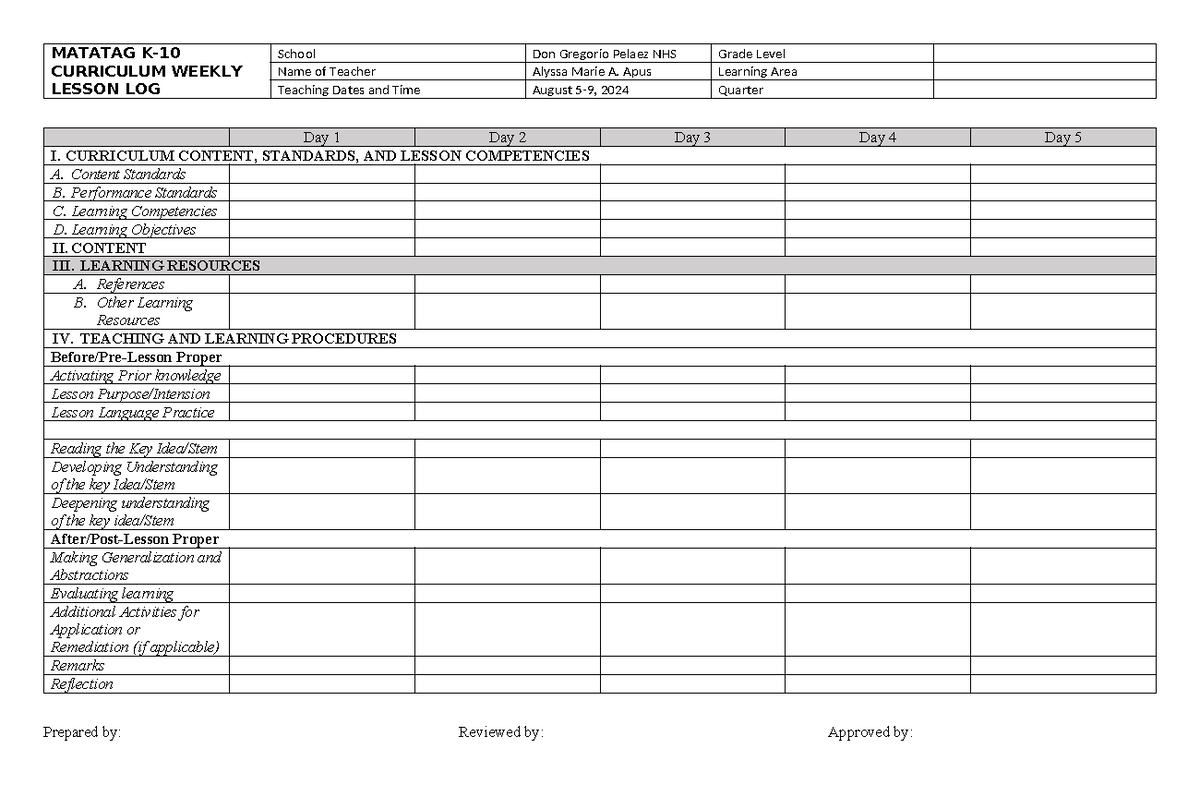 Lesson exemplar template - MATATAG K- CURRICULUM WEEKLY LESSON LOG ...