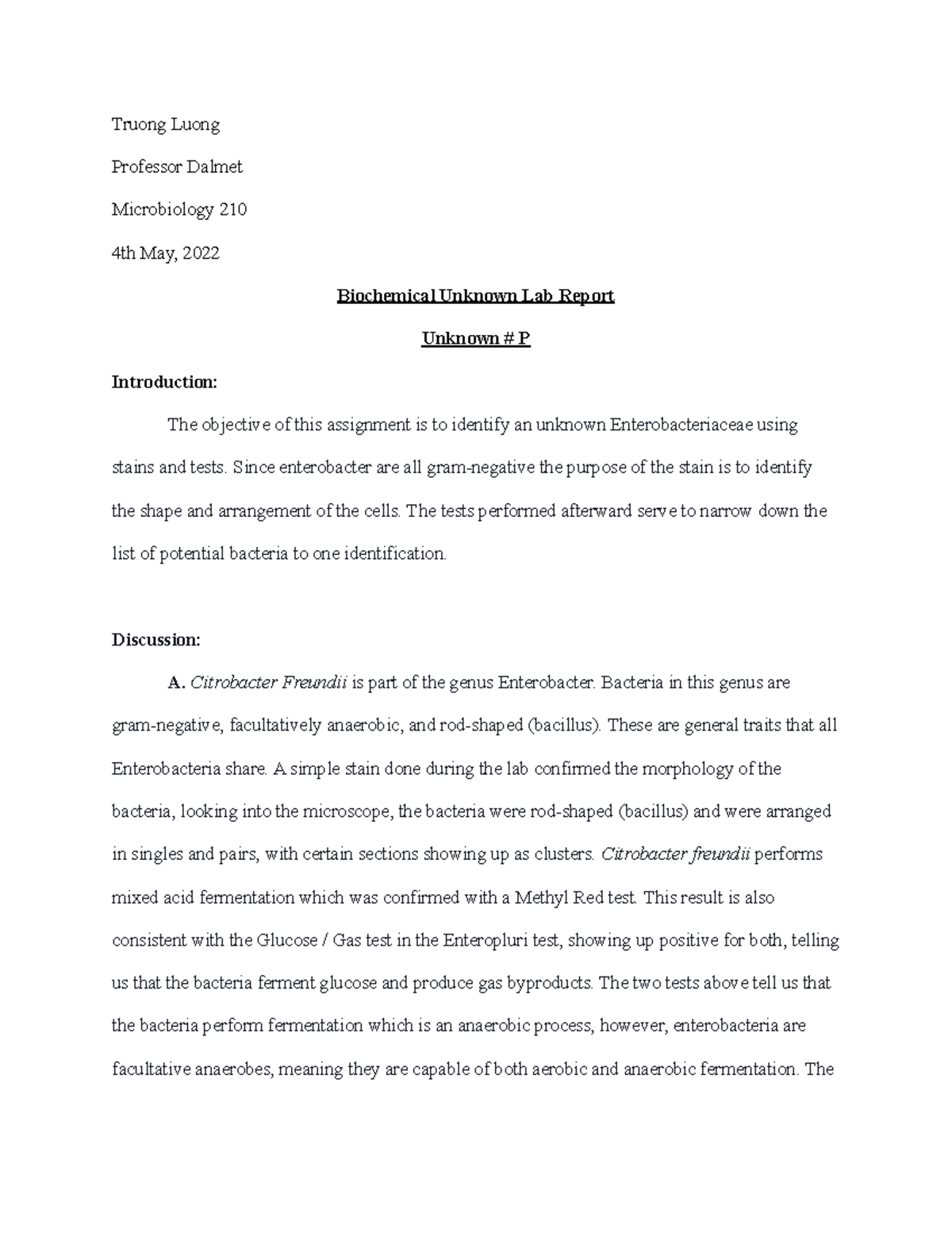 Biochemical Unknown Lab Report - Truong Luong Professor Dalmet ...