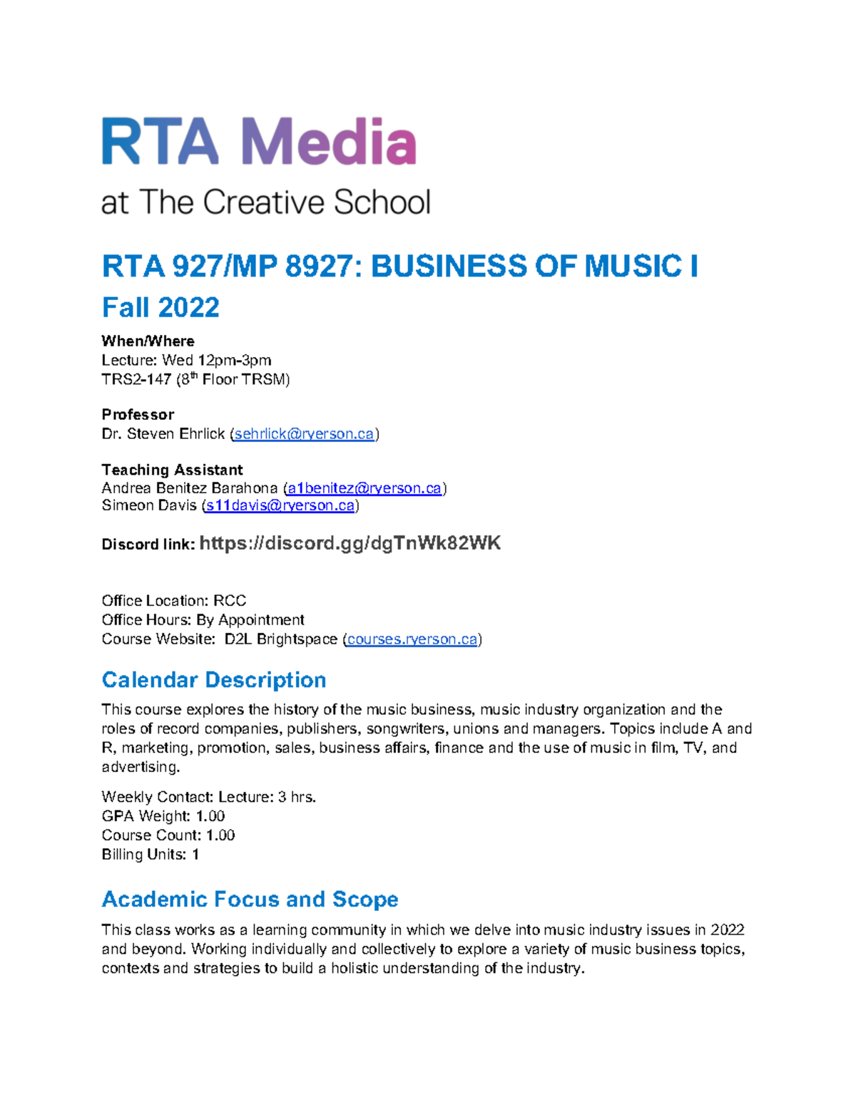 RTA 927 Syllabus - Course Outline - RTA 927/MP 8927: BUSINESS OF MUSIC ...