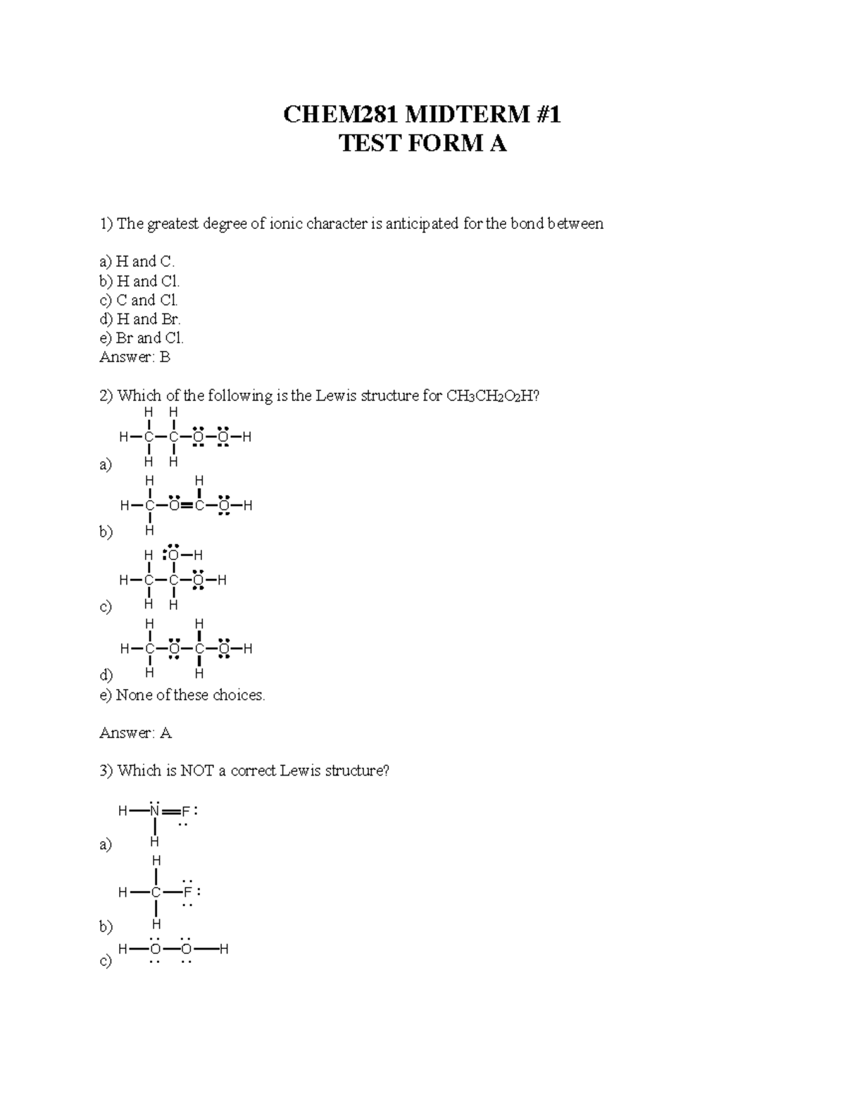 Midterm Questions for Review - CHEM281 MIDTERM TEST FORM A The greatest ...