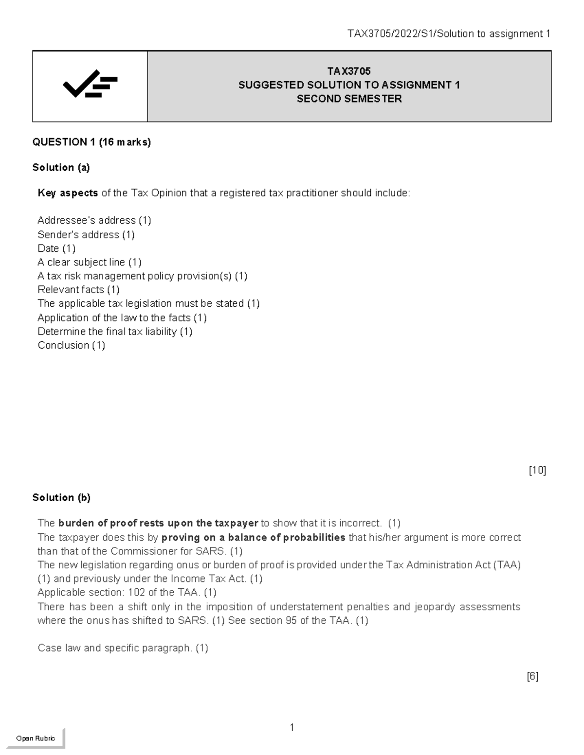 TAX3705 Solution to Assignment 1 S2 2022 - TAX3705/2022/S1/Solution to assignment 1 1 TAX ...