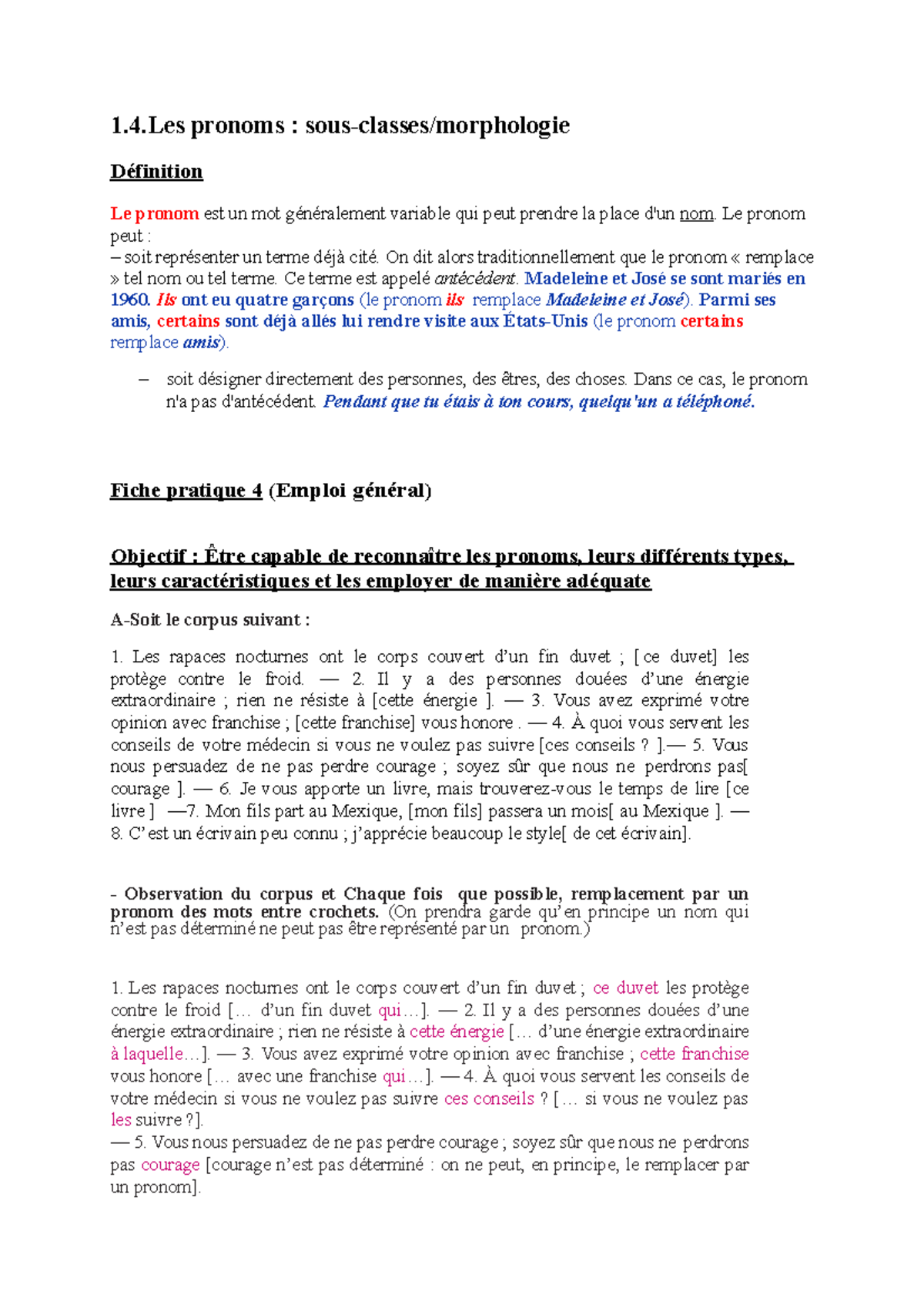 Grammaire S1 . Les pronoms - 1.4 pronoms : sous-classes/morphologie ...