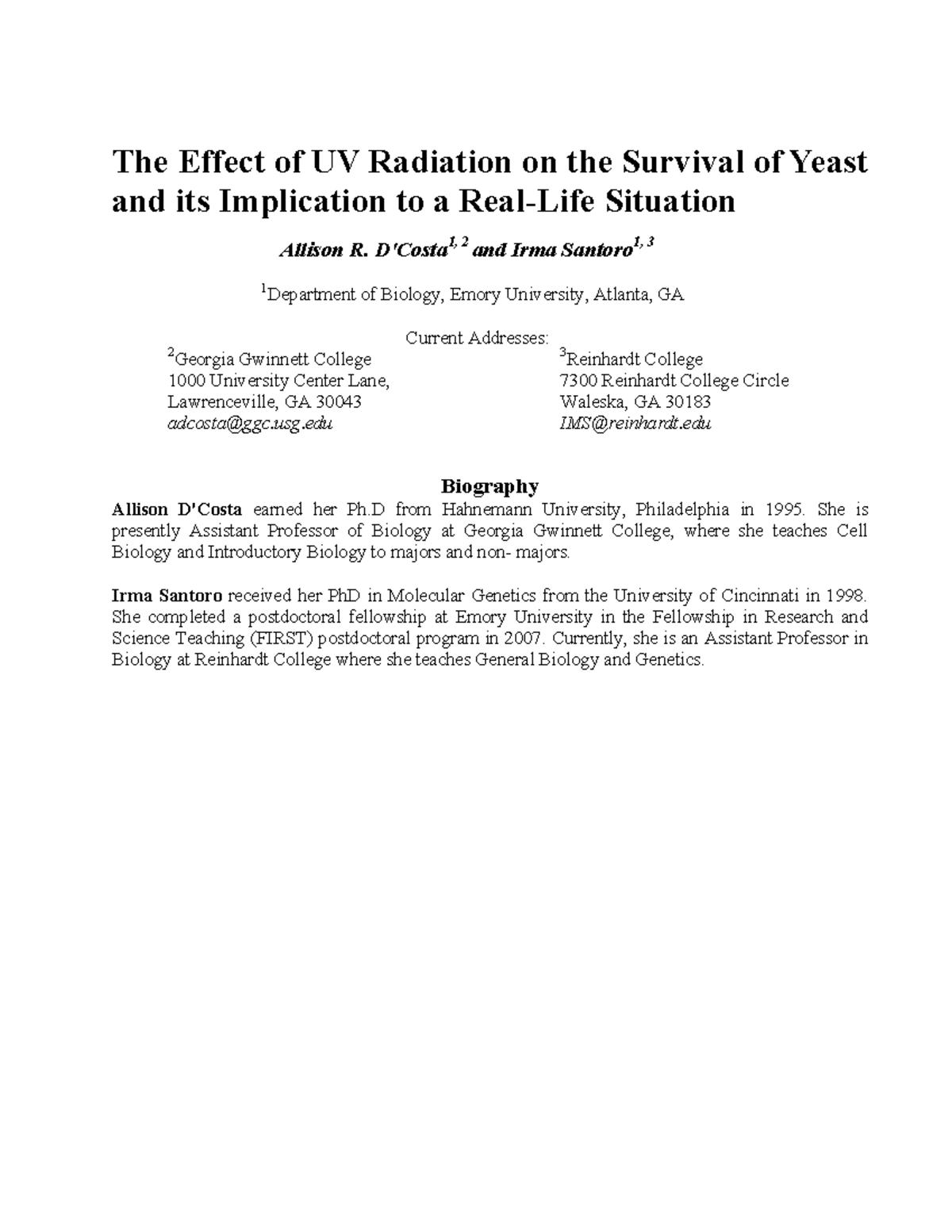 Lab 3 sample 2 - Lecture notes 9 - The Effect of UV Radiation on the ...