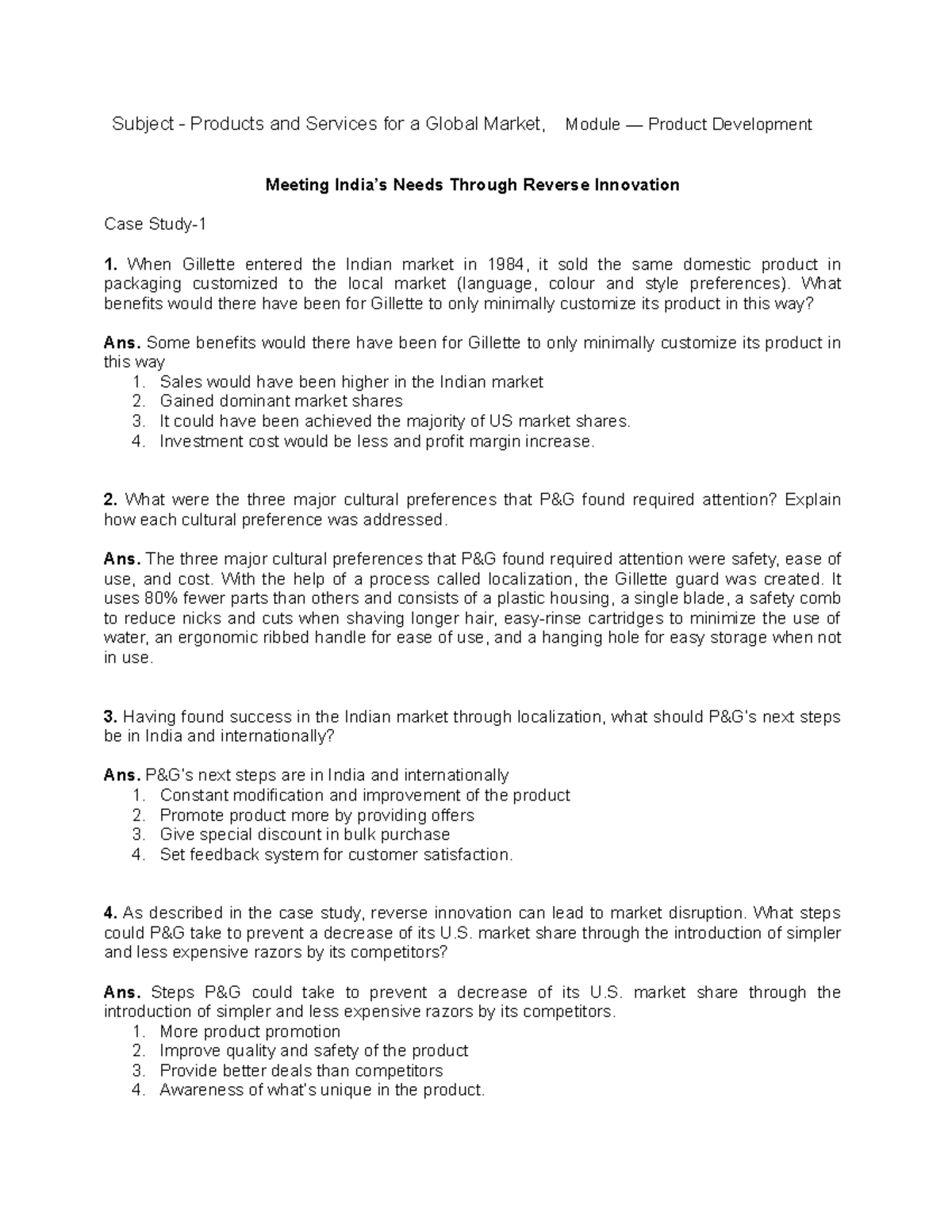 Case Study 1A - Subject - Products and Services for a Global Market ...