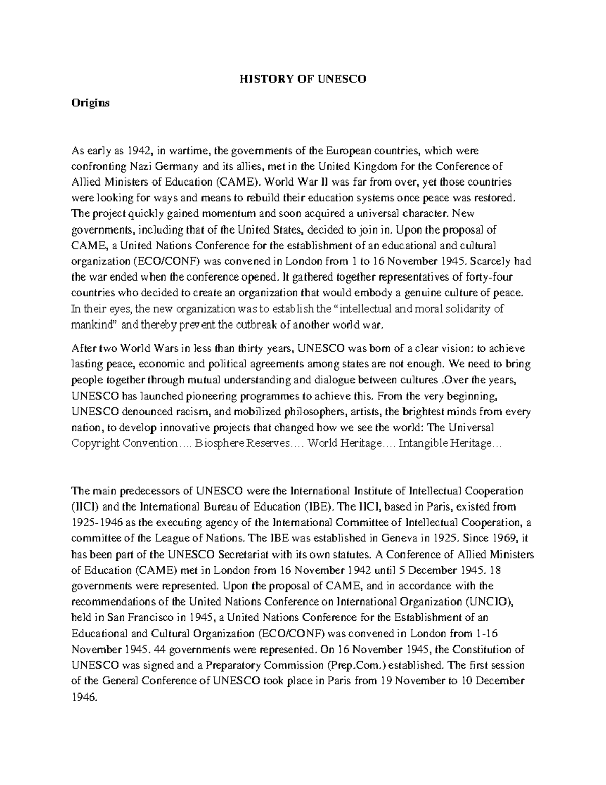 Unesco activity - Ramirez, Nicole - HISTORY OF UNESCO Origins As early ...