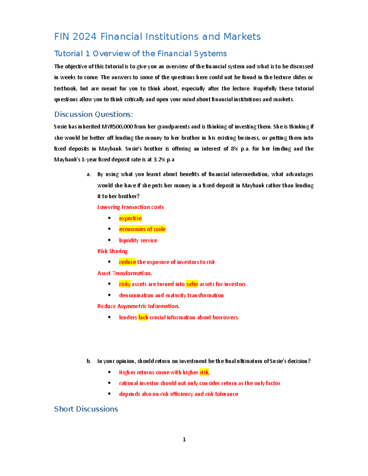 Tutorial 1 Answers - Student - FIN 2024 Financial Institutions and ...