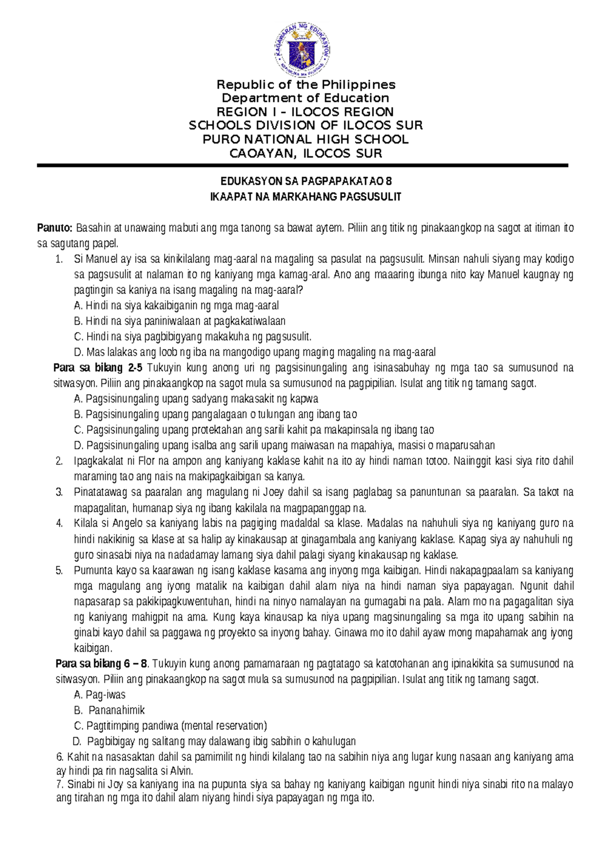 ESP 8 Final - 4th quarter examination - Republic of the Philippines ...