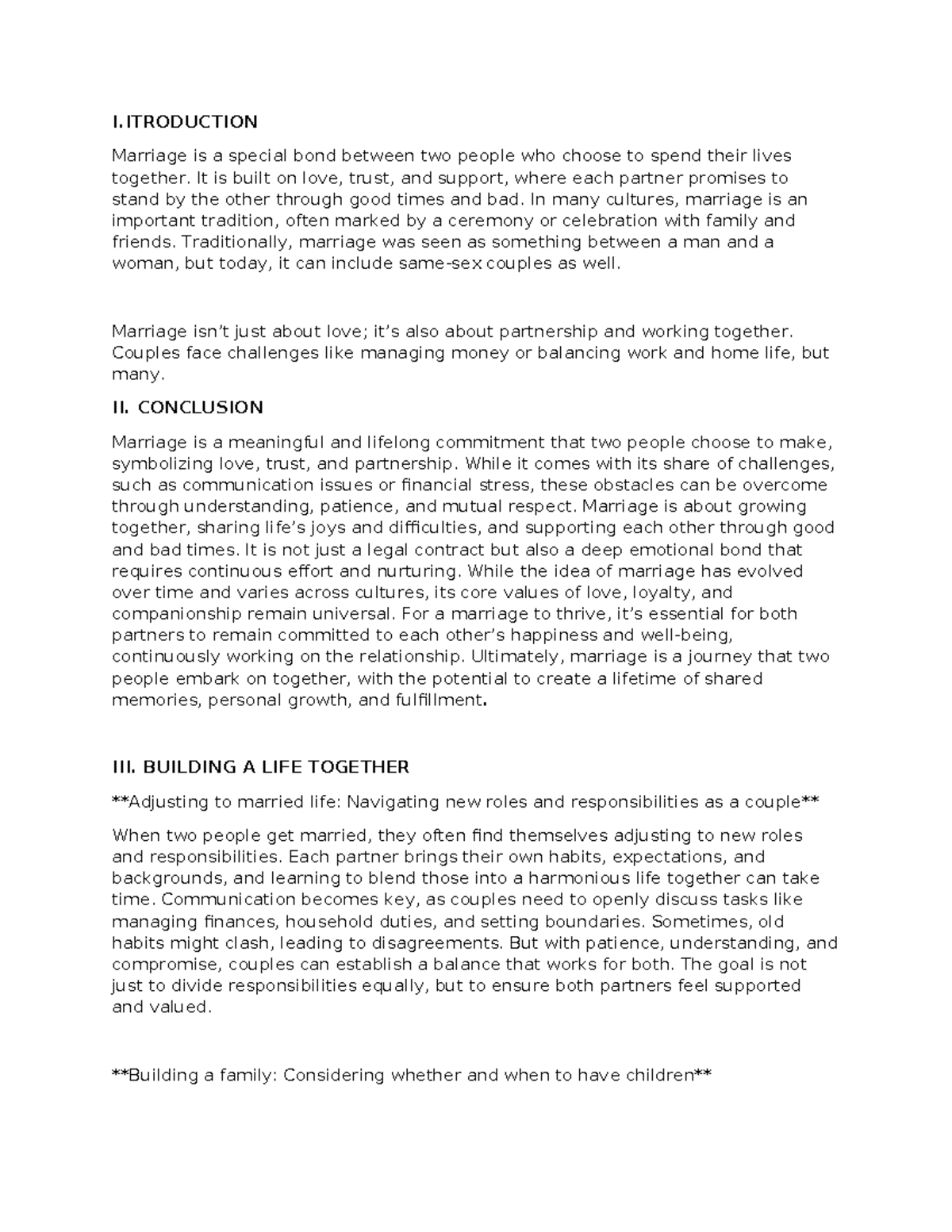 Introducsion, Conclusion, Buildinga life together - I Marriage is a ...