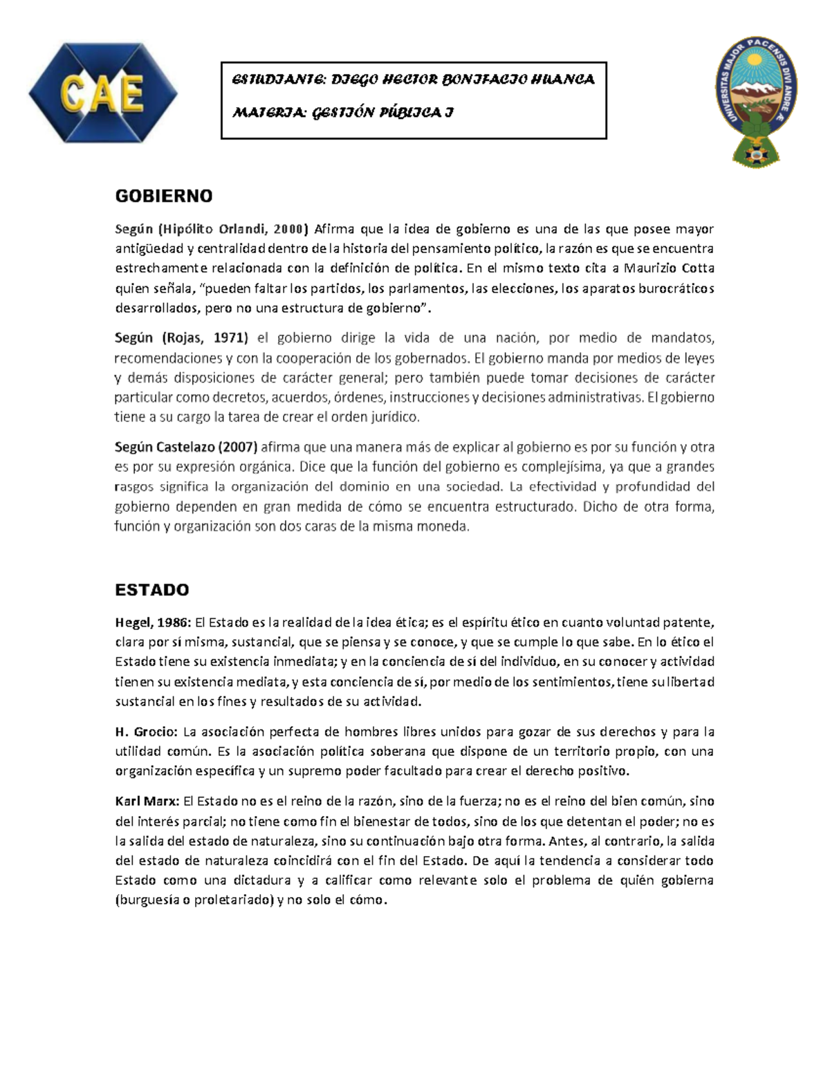 GP 1 - TAREA - ESTUDIANTE: DIEGO HECTOR BONIFACIO HUANCA MATERIA: GESTI”N P⁄BLICA I Seg ̇n ...