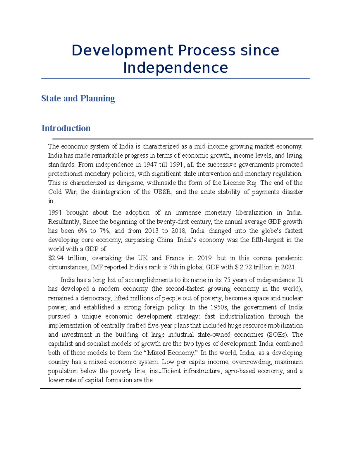 Development Process since Independence - Development Process since ...