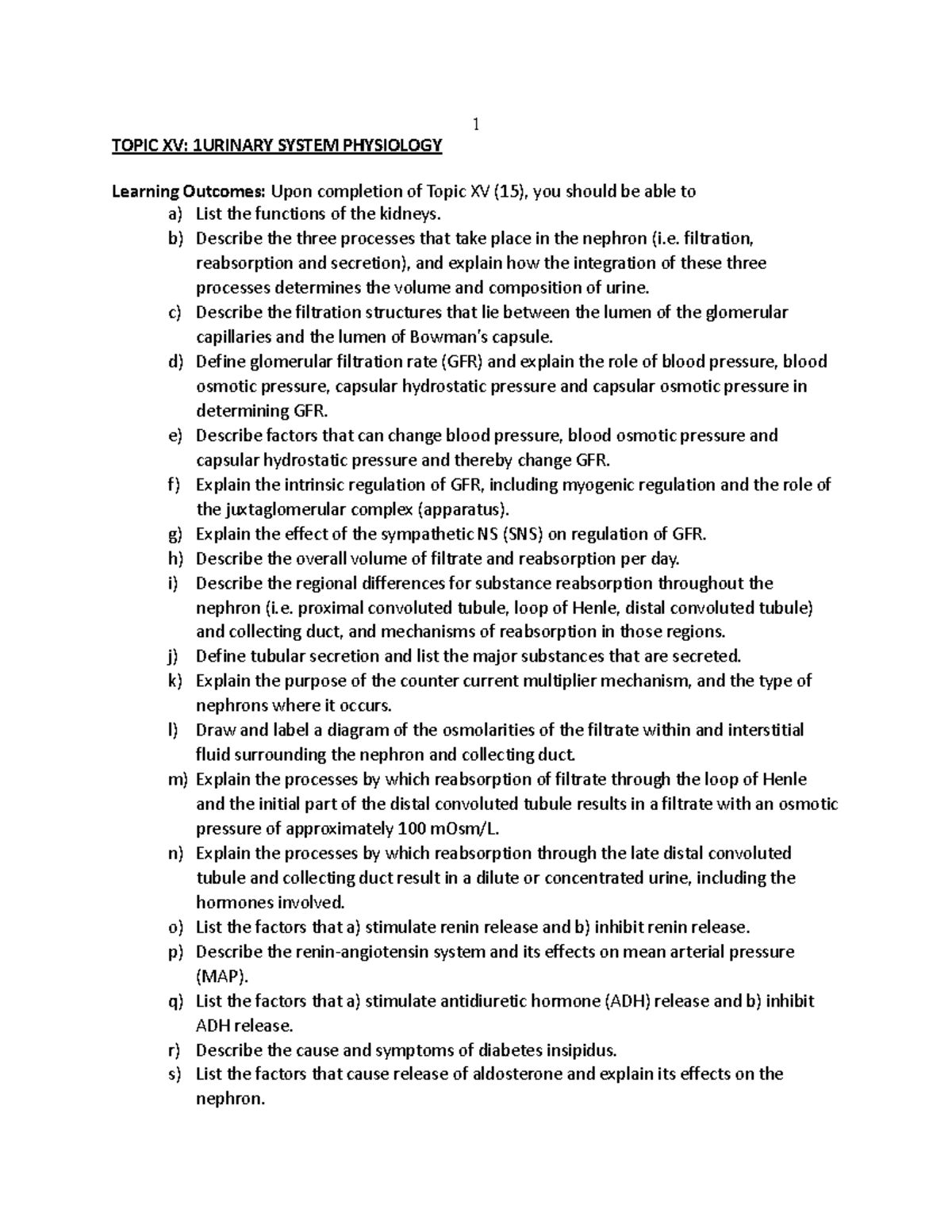 Topic XV Urinary System Physiology - BIOL 1412 - U of M - Studocu