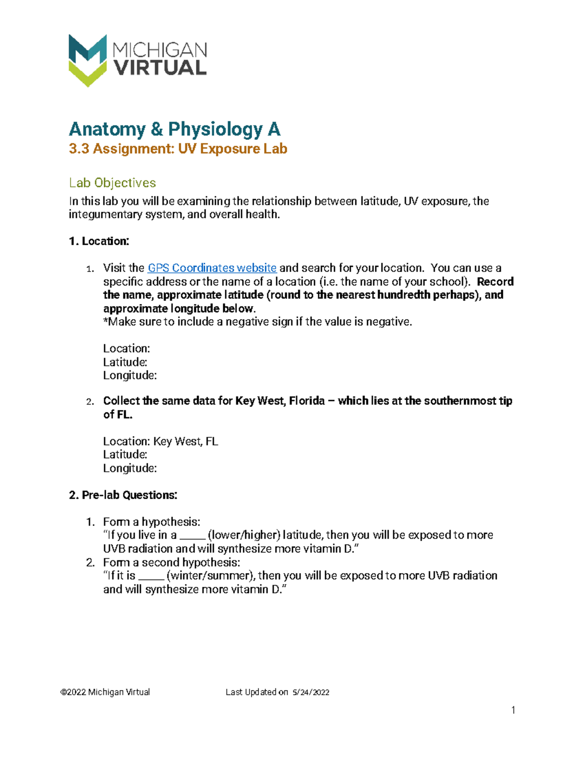 3.3 UV Exposure Lab Worksheet - Anatomy & Physiology A 3 Assignment: UV Exposure Lab Lab - Studocu