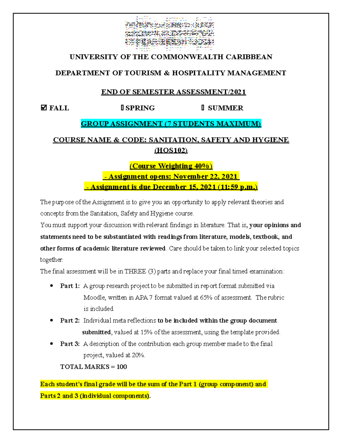 Sanitation, safety and hygiene final project - UCC - Studocu