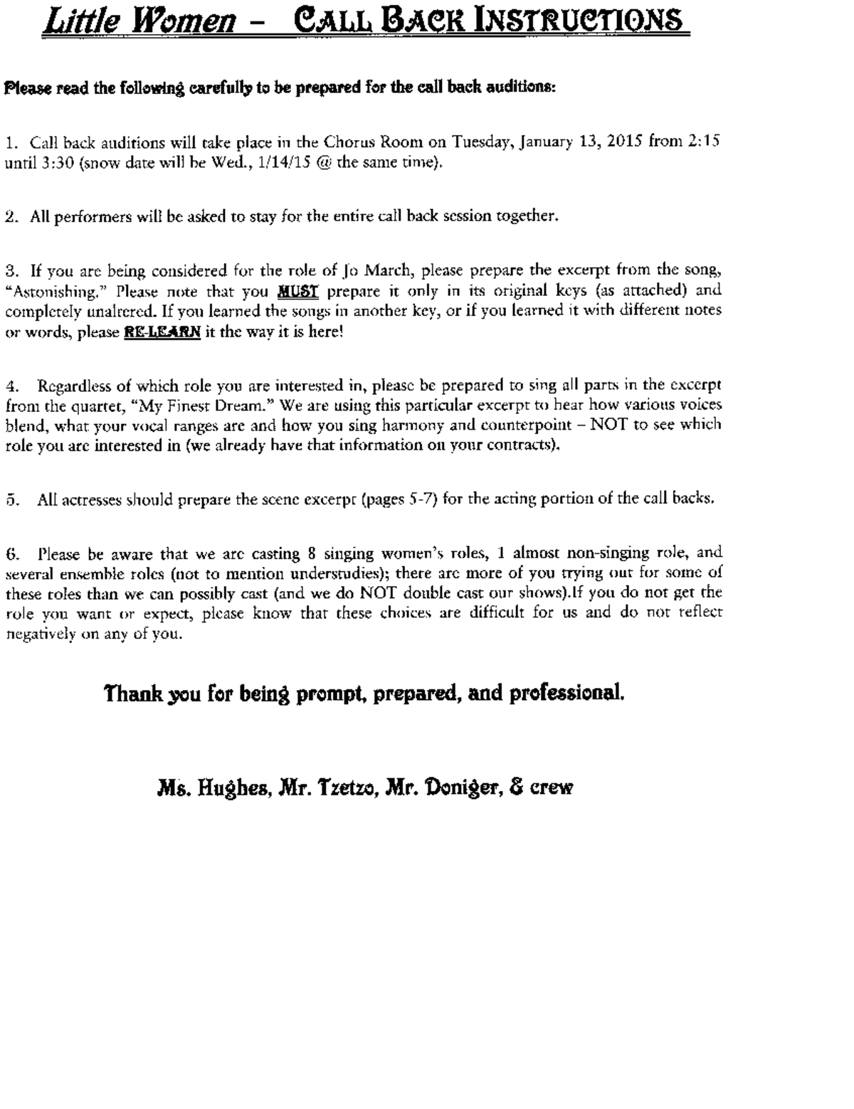 Little Women Call back packet - Little Women CALL BACK INSTRUCTIONS ...