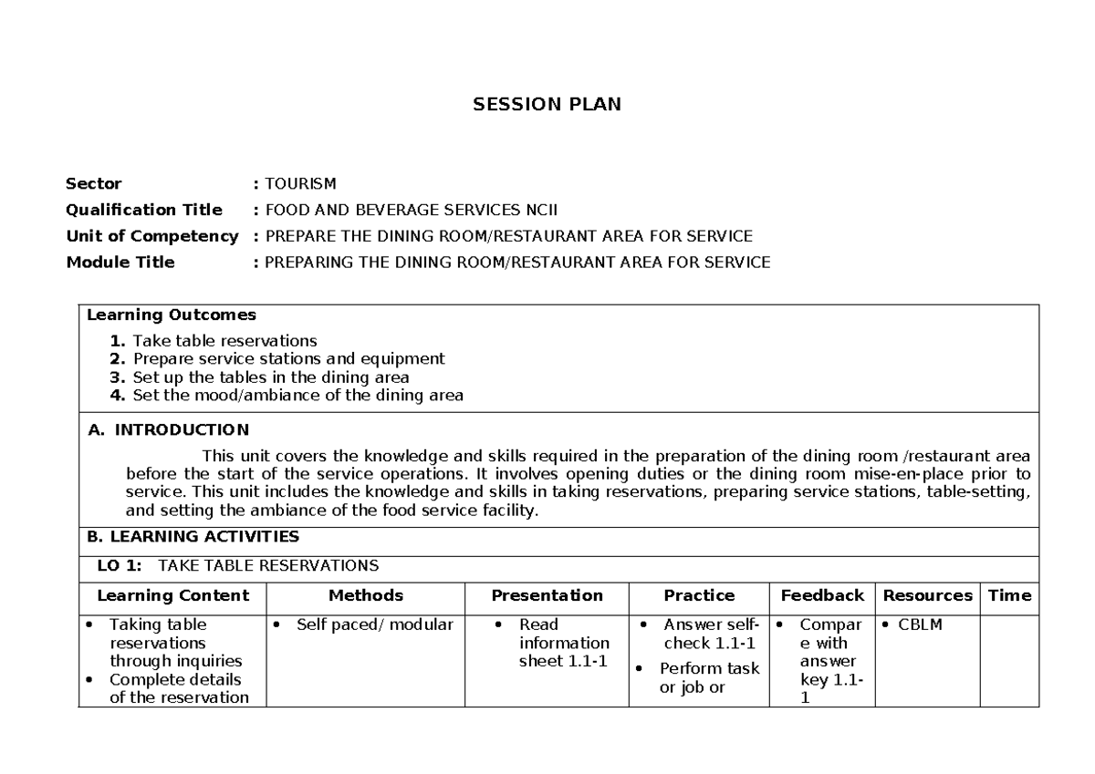 Session PLAN- FBS NC II-CORE 1- Prepare THE Dining Roomrestaurant AREA ...