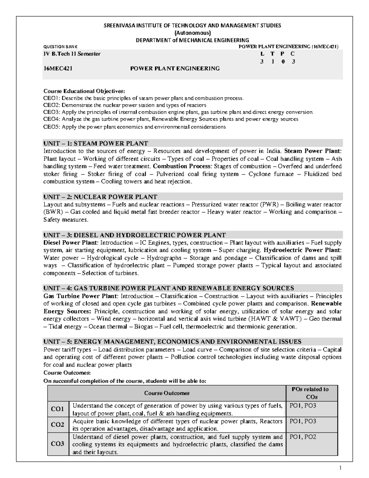 16MEC421 Power Plant Engineering - Question Bank - (Autonomous) DEPARTMENT of MECHANICAL ...