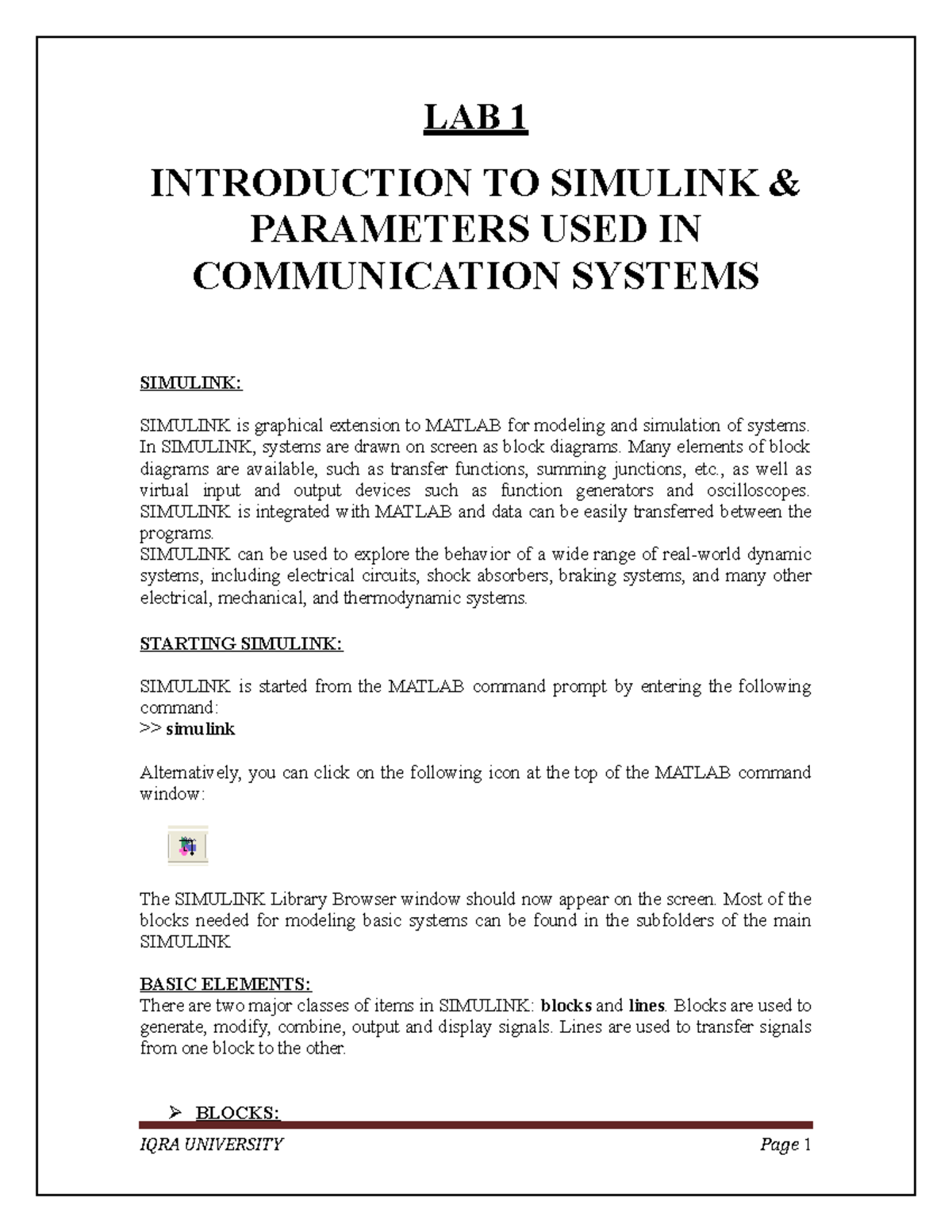 EXP1 (Simulink) - comsys - LAB 1 INTRODUCTION TO SIMULINK & PARAMETERS USED IN COMMUNICATION ...