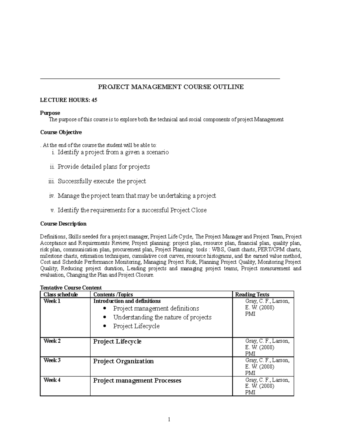 Project Management Notes DBA 0305 - PROJECT MANAGEMENT COURSE OUTLINE ...