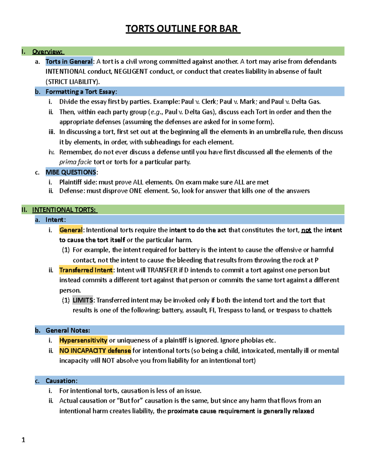 Torts Outline FOR BAR - TORTS OUTLINE FOR BAR I. Overview: a. Torts in ...