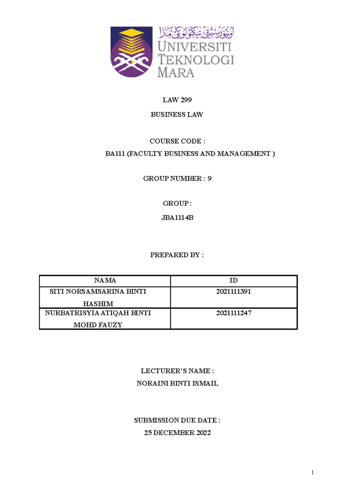 LAW Group Assignment(JBA1114B) - LAW 299 BUSINESS LAW COURSE CODE ...