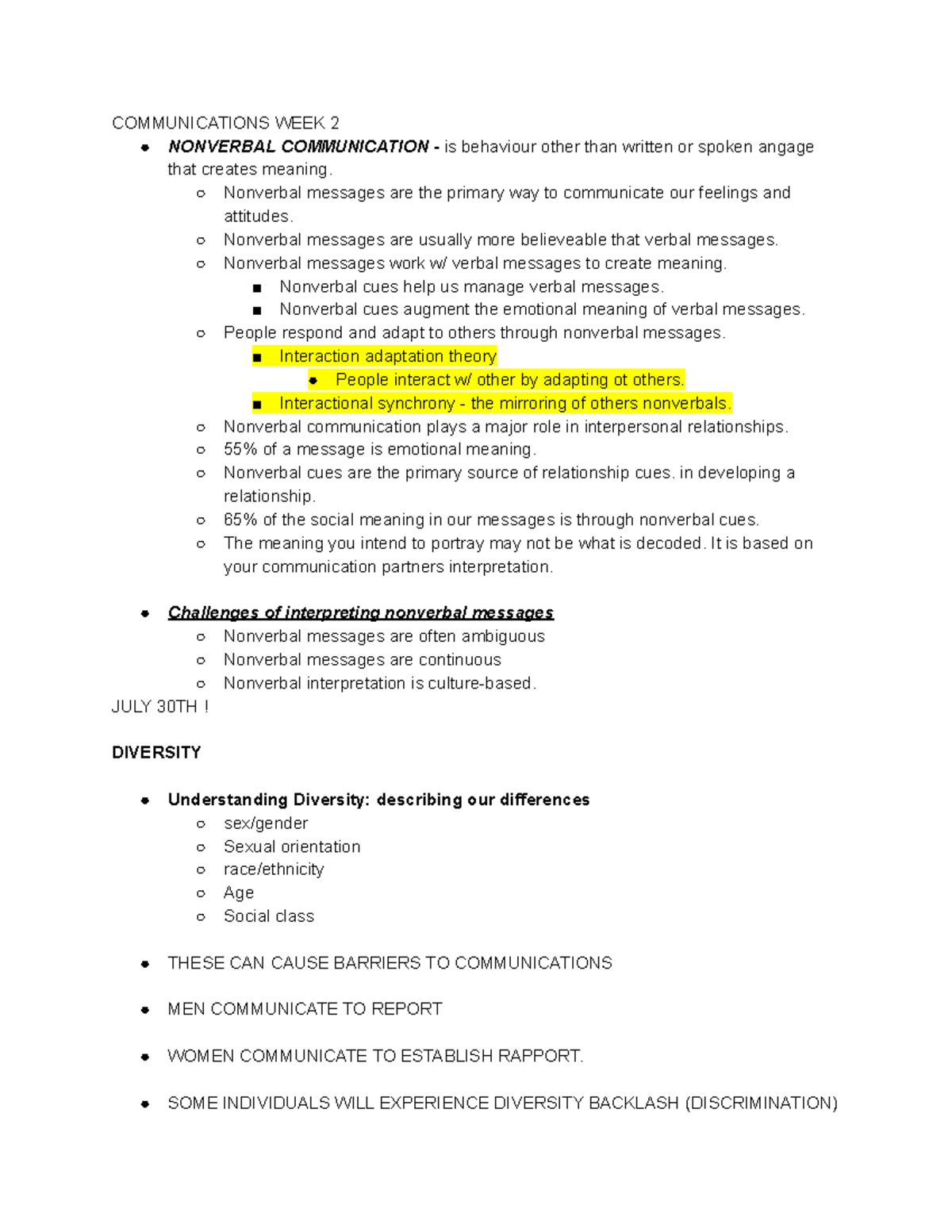 Communications week 2 - ms johnson - COMMUNICATIONS WEEK 2 NONVERBAL ...