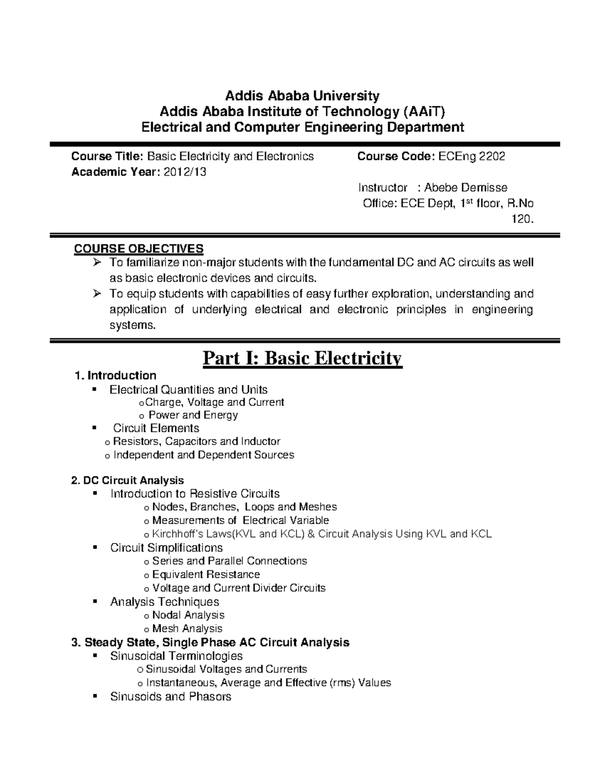 Basic circuit and electronics course outline - Addis Ababa University ...
