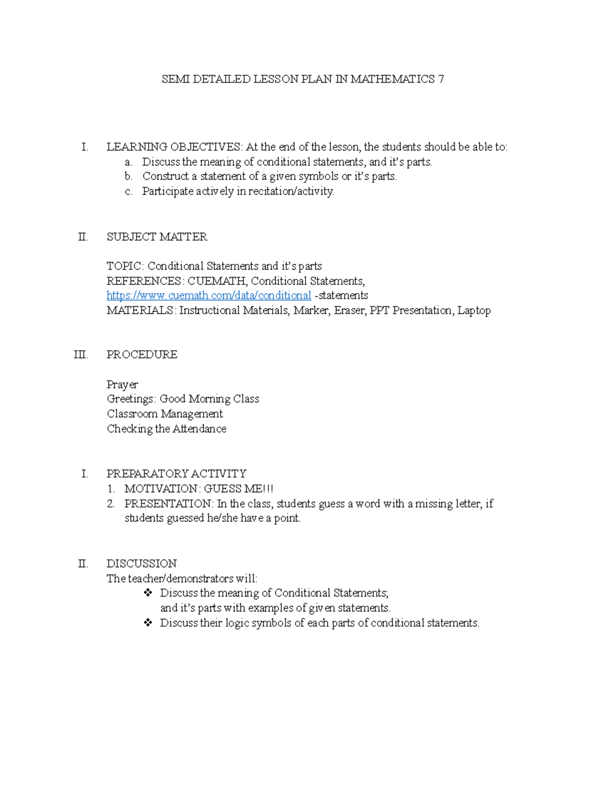 SEMI Detailed Lesson PLAN IN Mathematics 7 - SEMI DETAILED LESSON PLAN ...