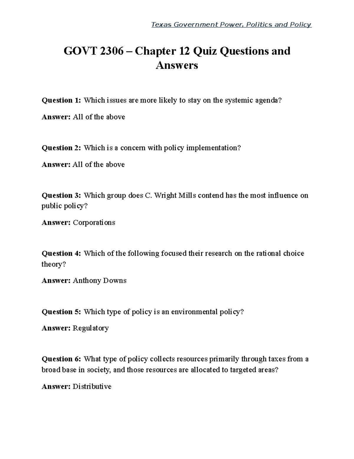 GOVT-2306 Chapter 12 Quiz Questions and Answers - GOVT 2306 – Chapter ...