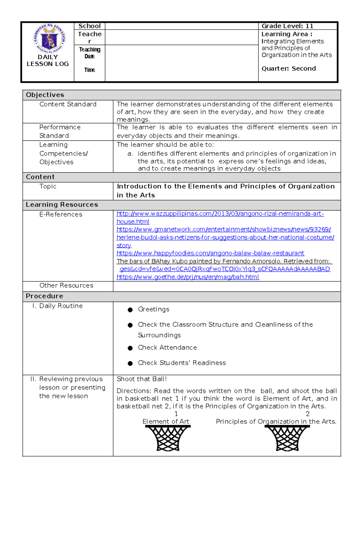 SHS Orgman - SHS MATERIALS - DAILY LESSON LOG School Grade Level: 11 ...
