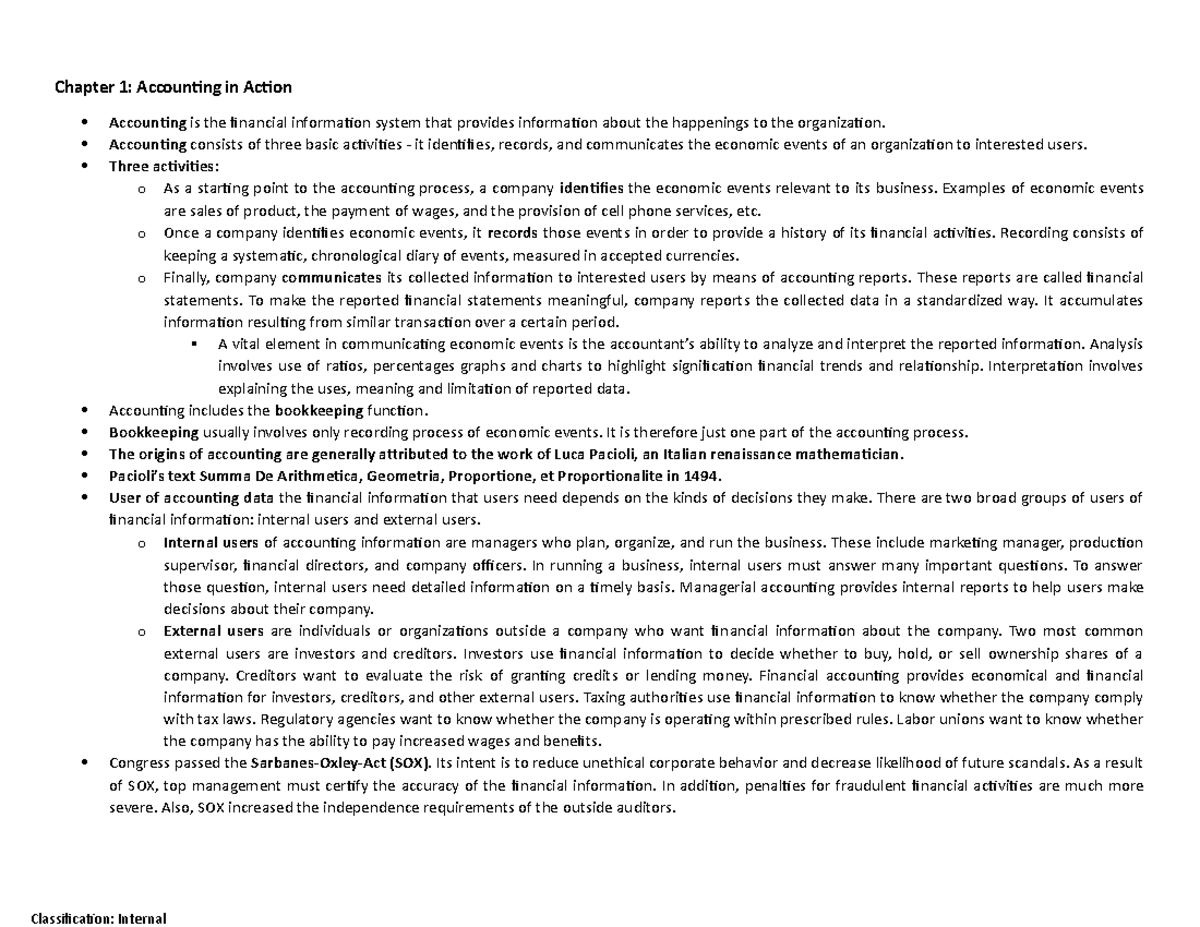 FR111 - Notes - Chapter 1: Accounting in Action Accounting is the ...