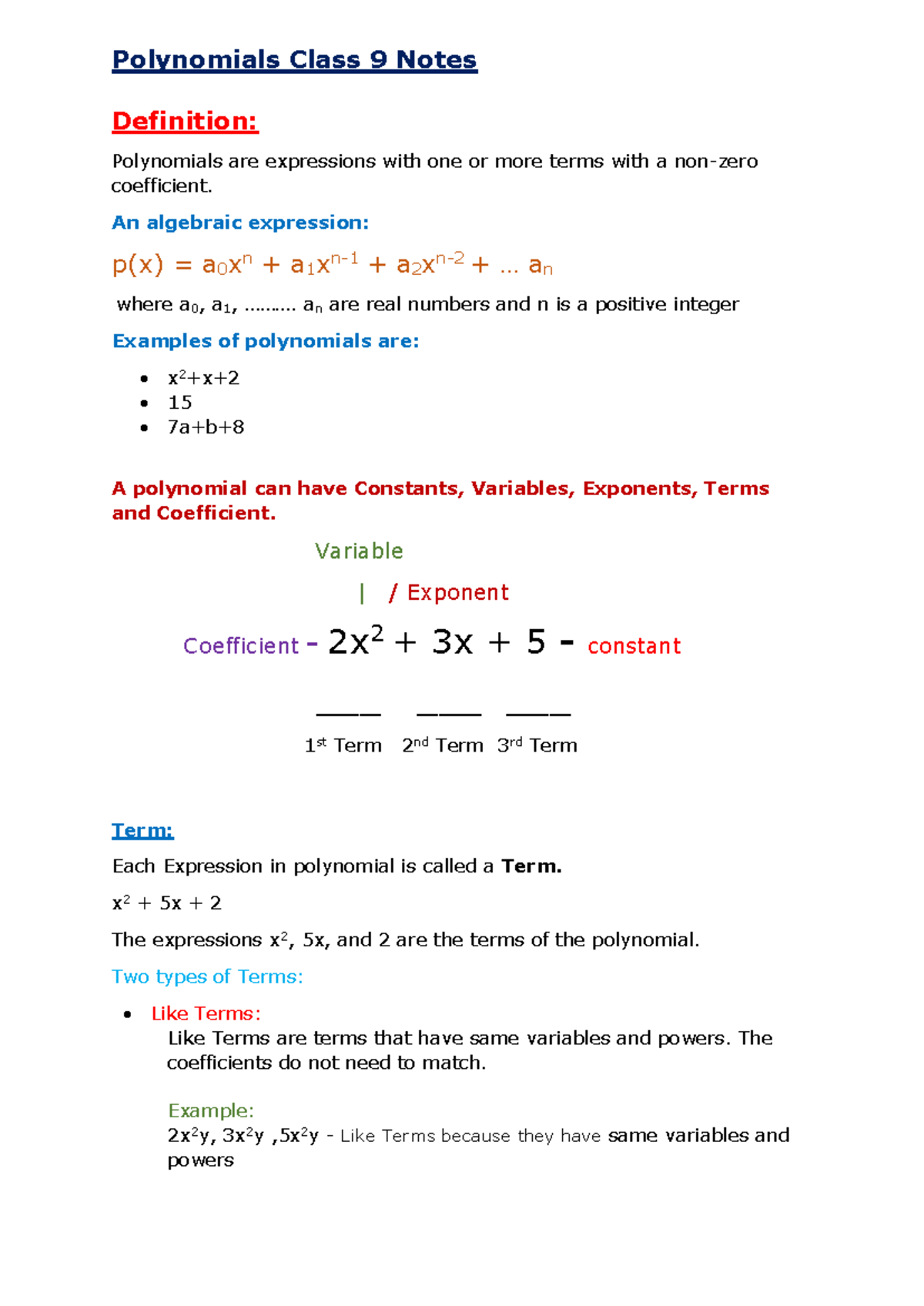Polynomials Class 9 Notes - Polynomials Class 9 Notes Definition ...