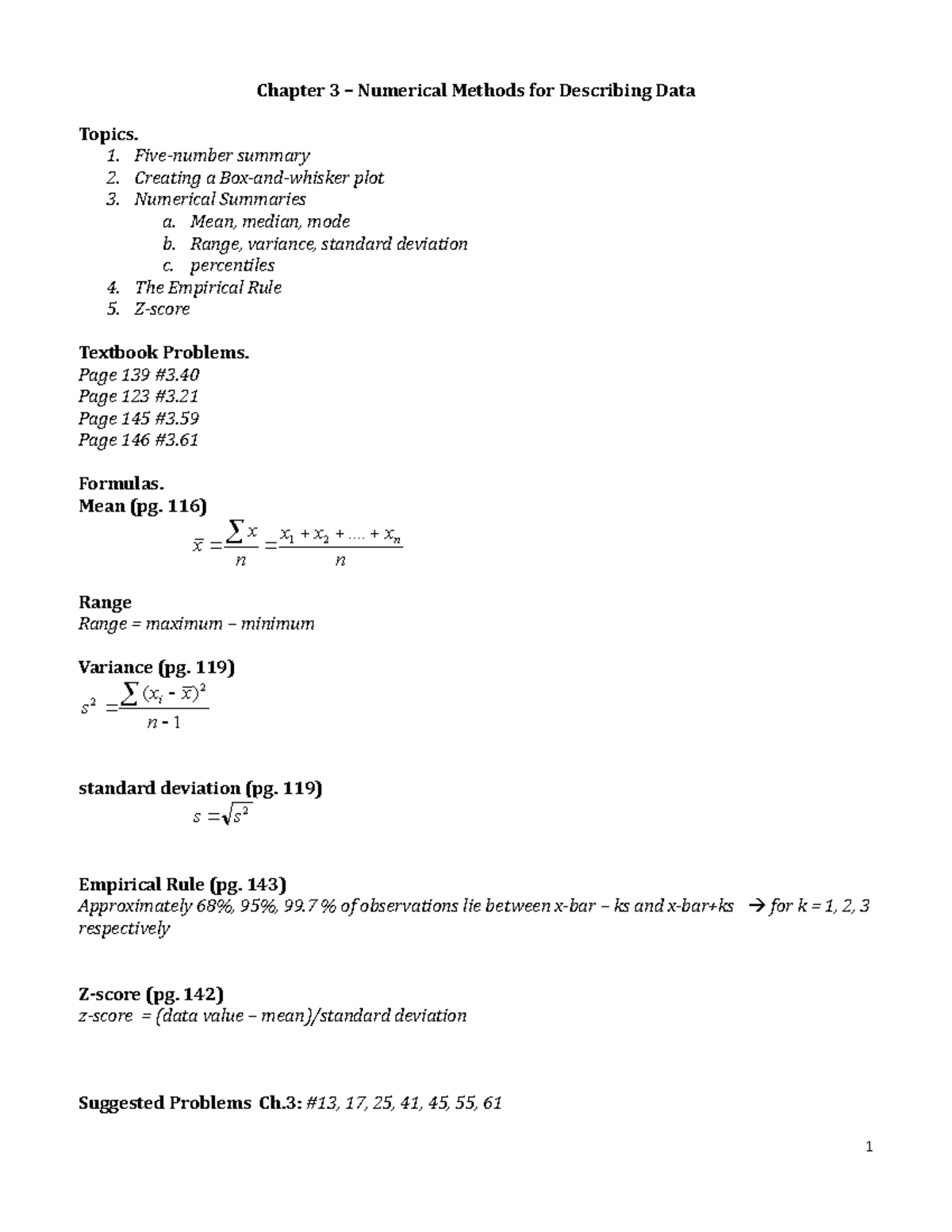Chapter 3 formulas - Chapter 3 – Numerical Methods for Describing Data ...