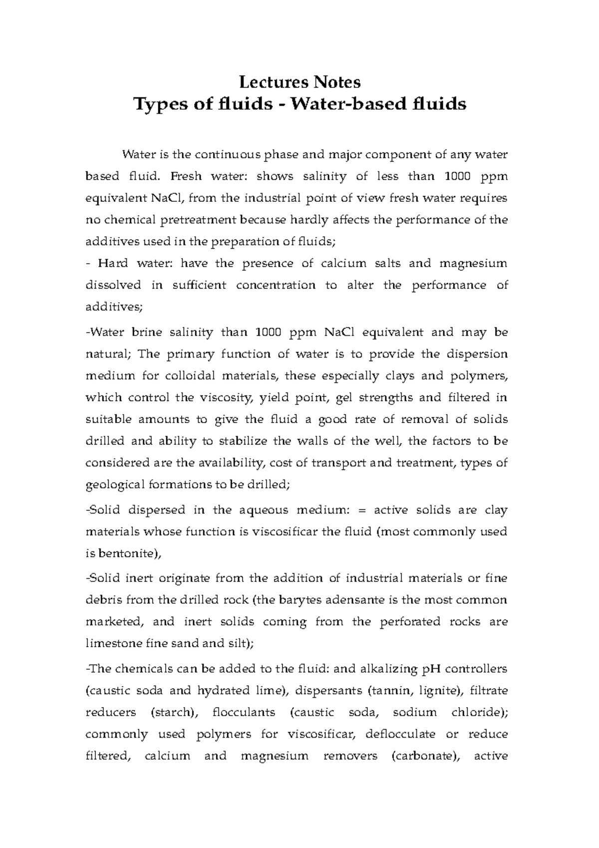 Types of fluids - Water-based fluids - Lectures Notes Types of fluids ...