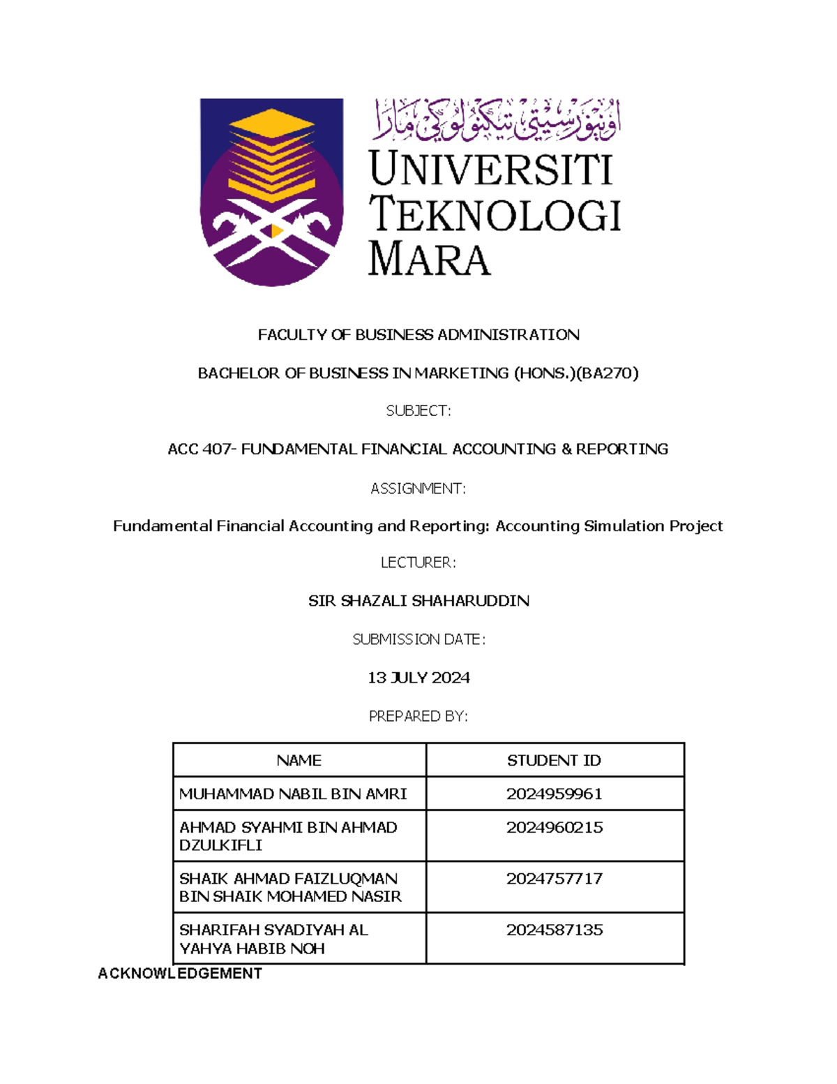 accounting 407 uitm final assignment group - FACULTY OF BUSINESS ...