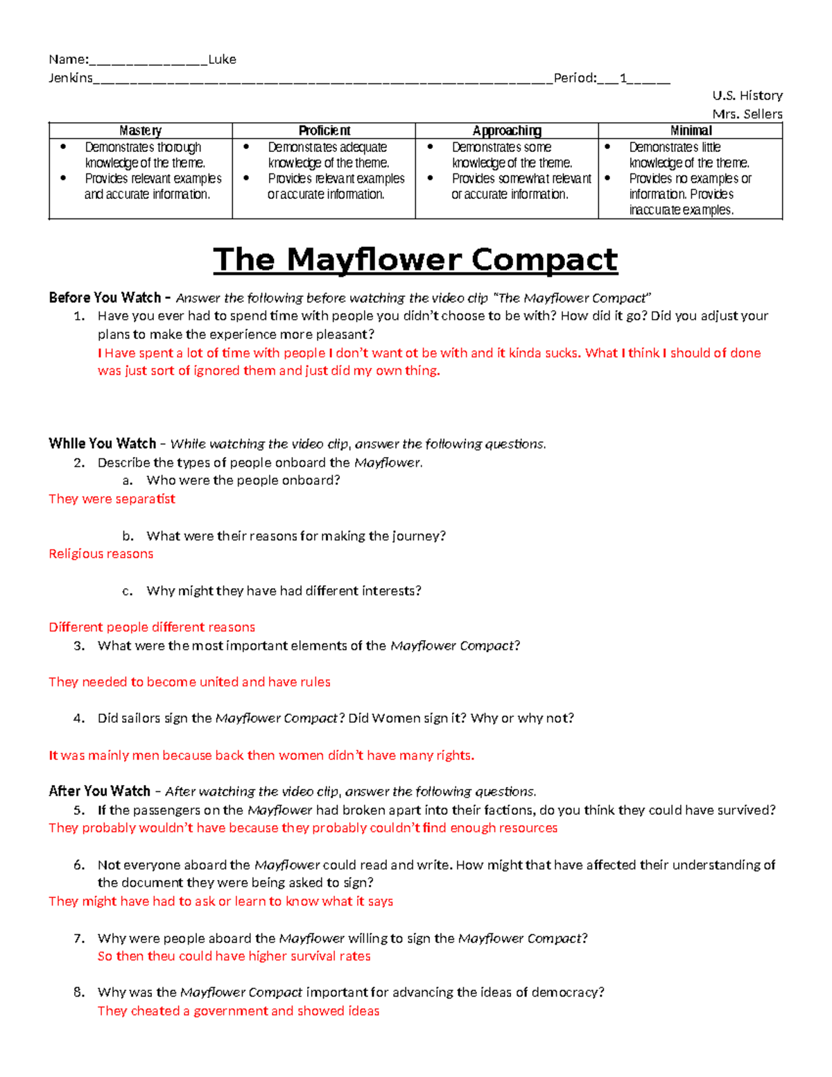 04 - Mayflower Compact & the First Thanksgiving Analysis late - Name ...