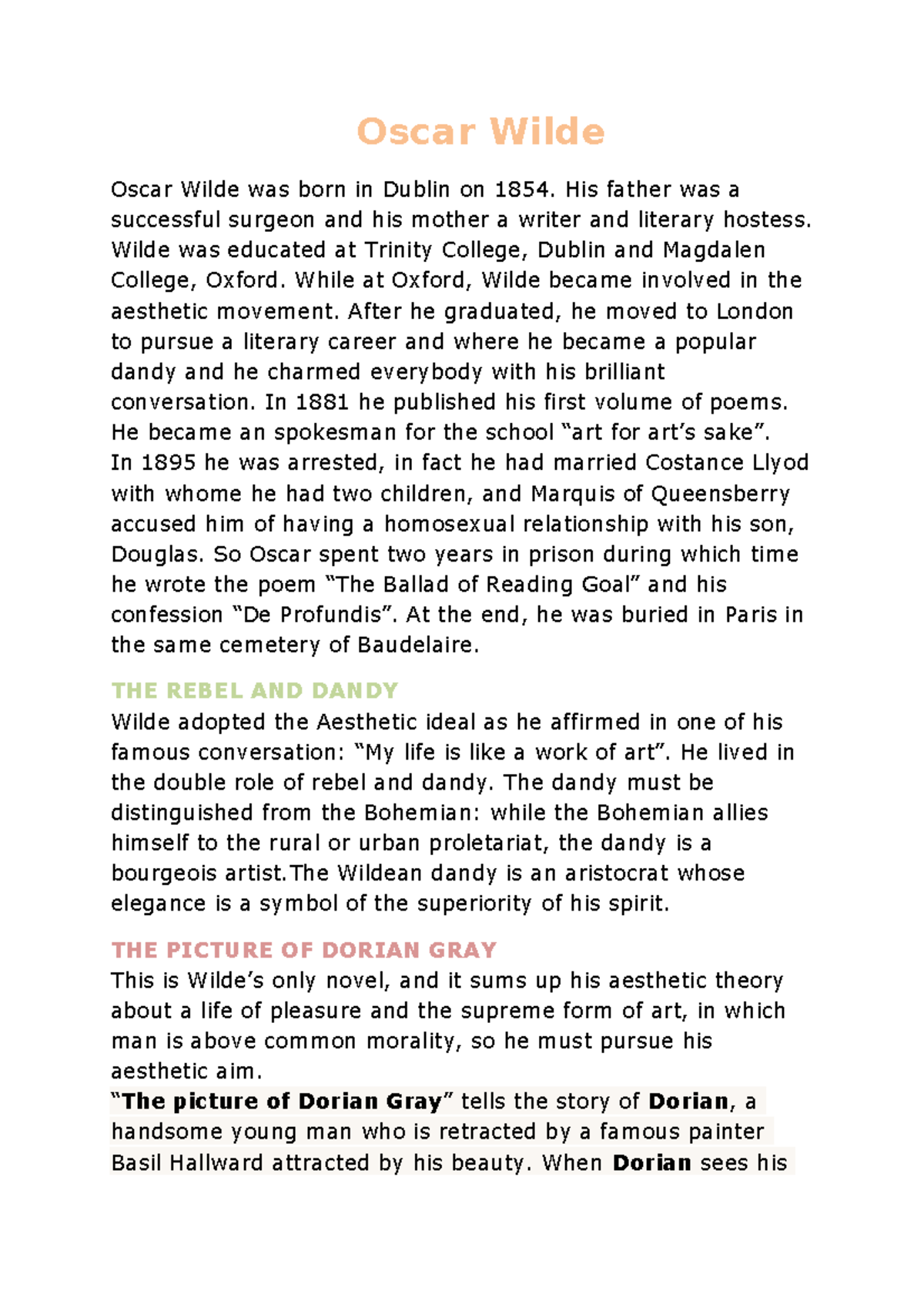 Oscar Wilde - Oscar Wilde Oscar Wilde was born in Dublin on 1854. His ...