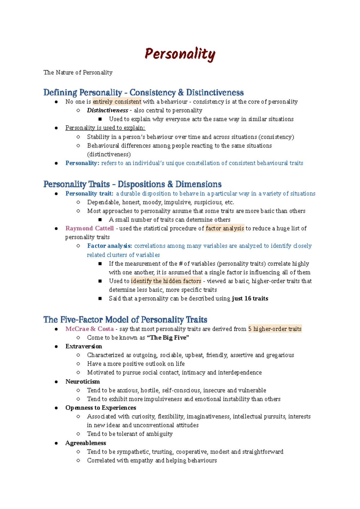 Chapter 12 Notes - Personality The Nature of Personality Defining ...